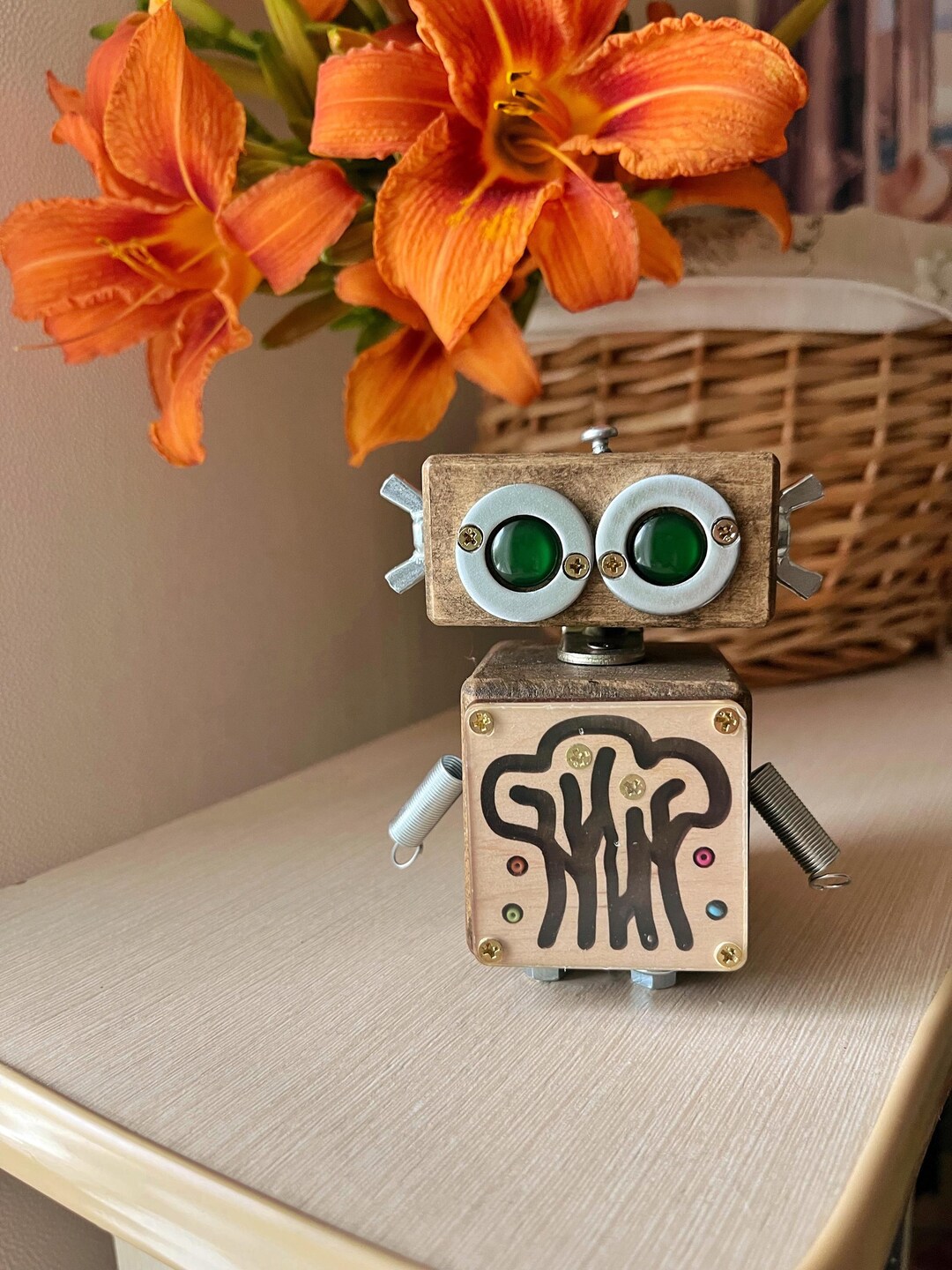 Handmade Wooden Robot Figurine – Personalized Desk Decor, Student Gift ...