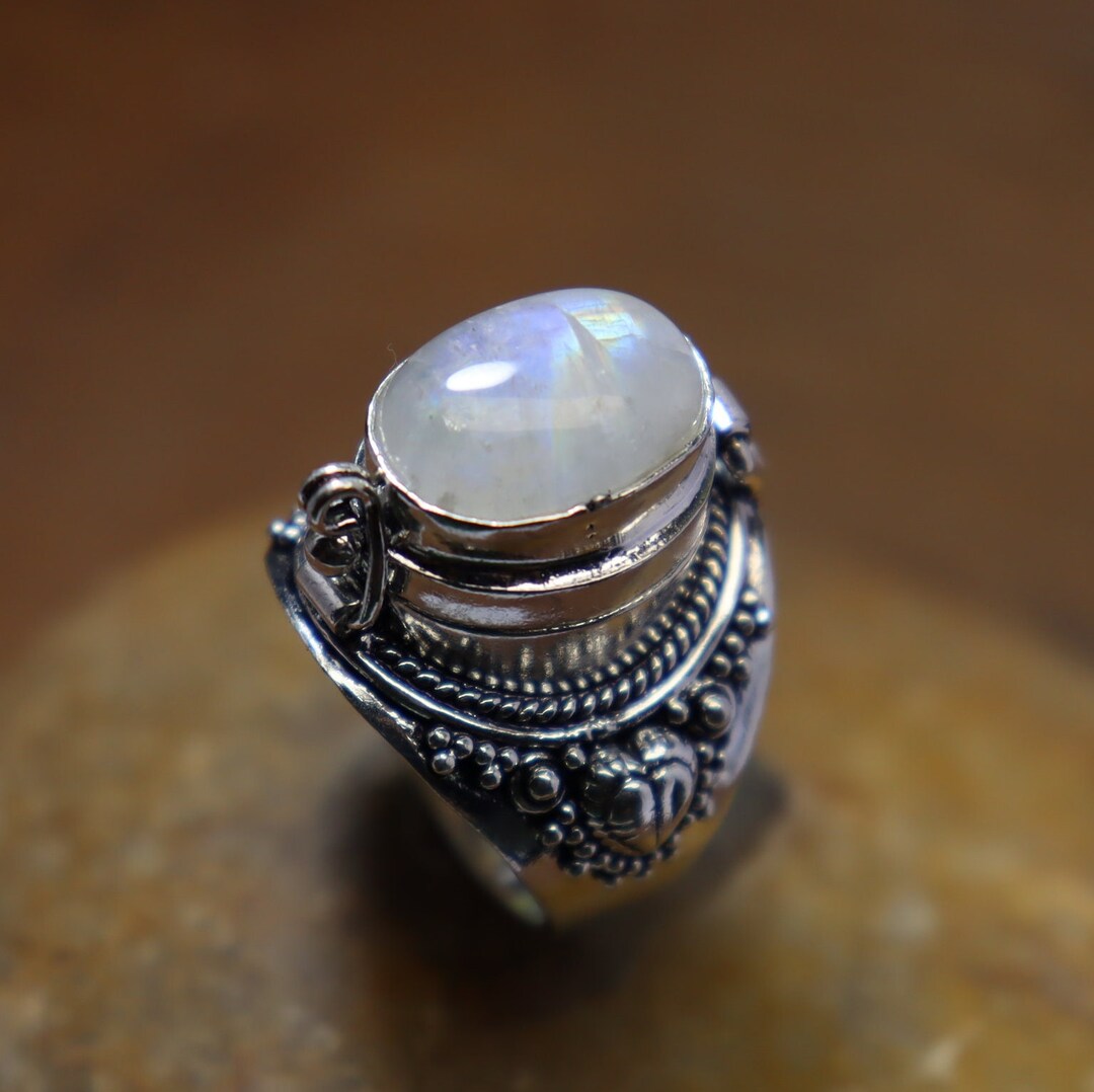 Rainbow Moonstone Poison Ring ,handmade Openable Poison Ring , Pill Box ...
