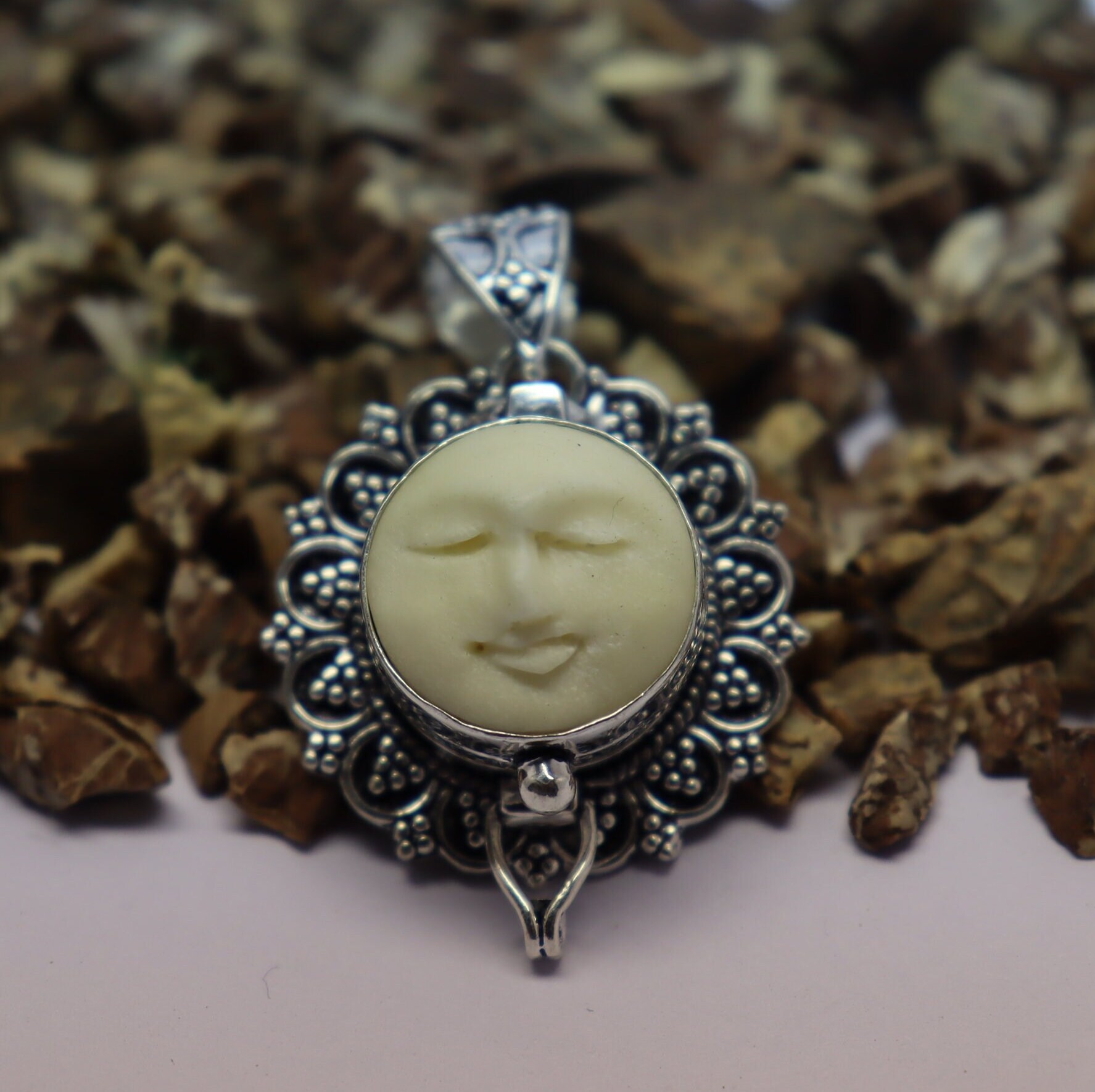 Hand Carved Bone Goddess Moon Face Poison Pendent 925 Silver - Etsy