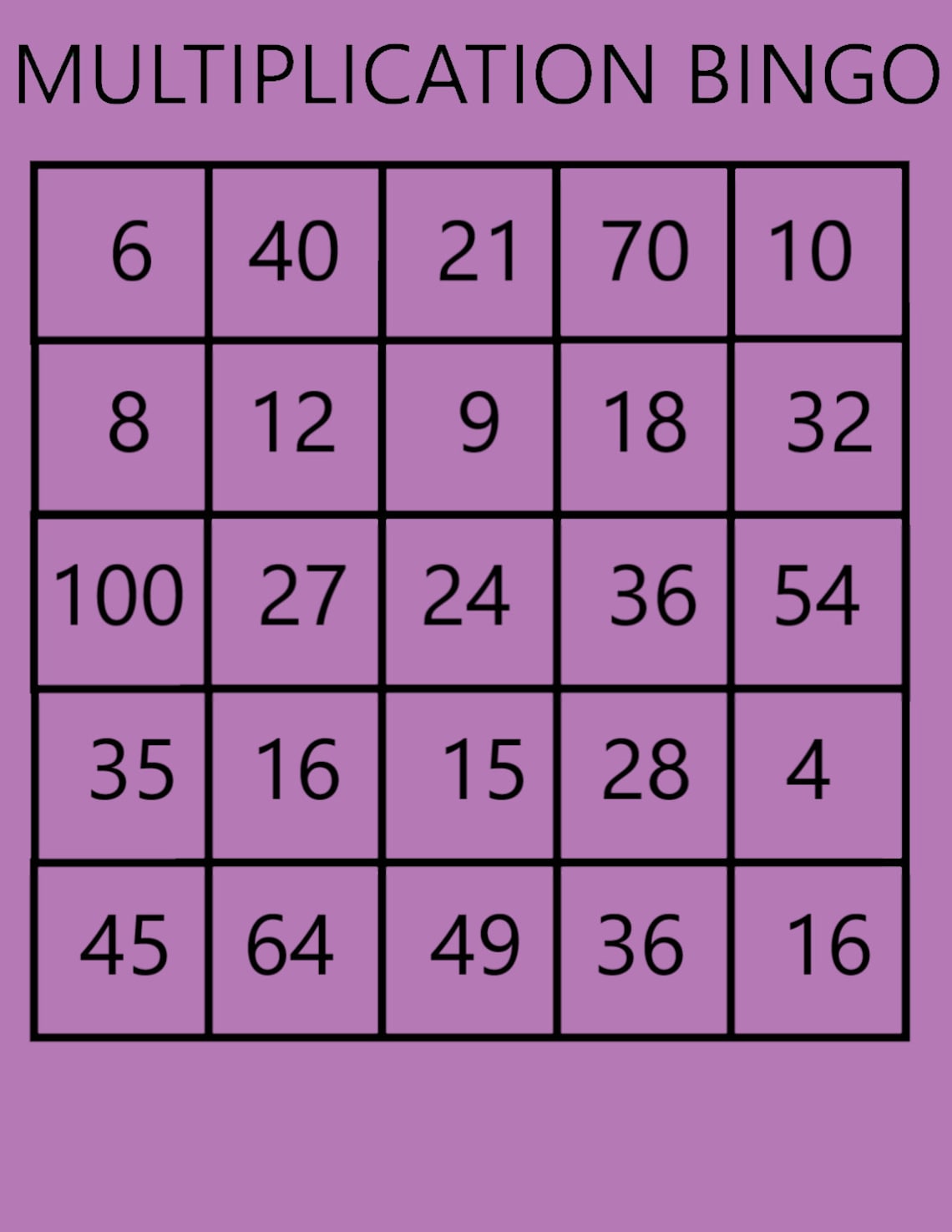 Multiplication Bingo - Etsy