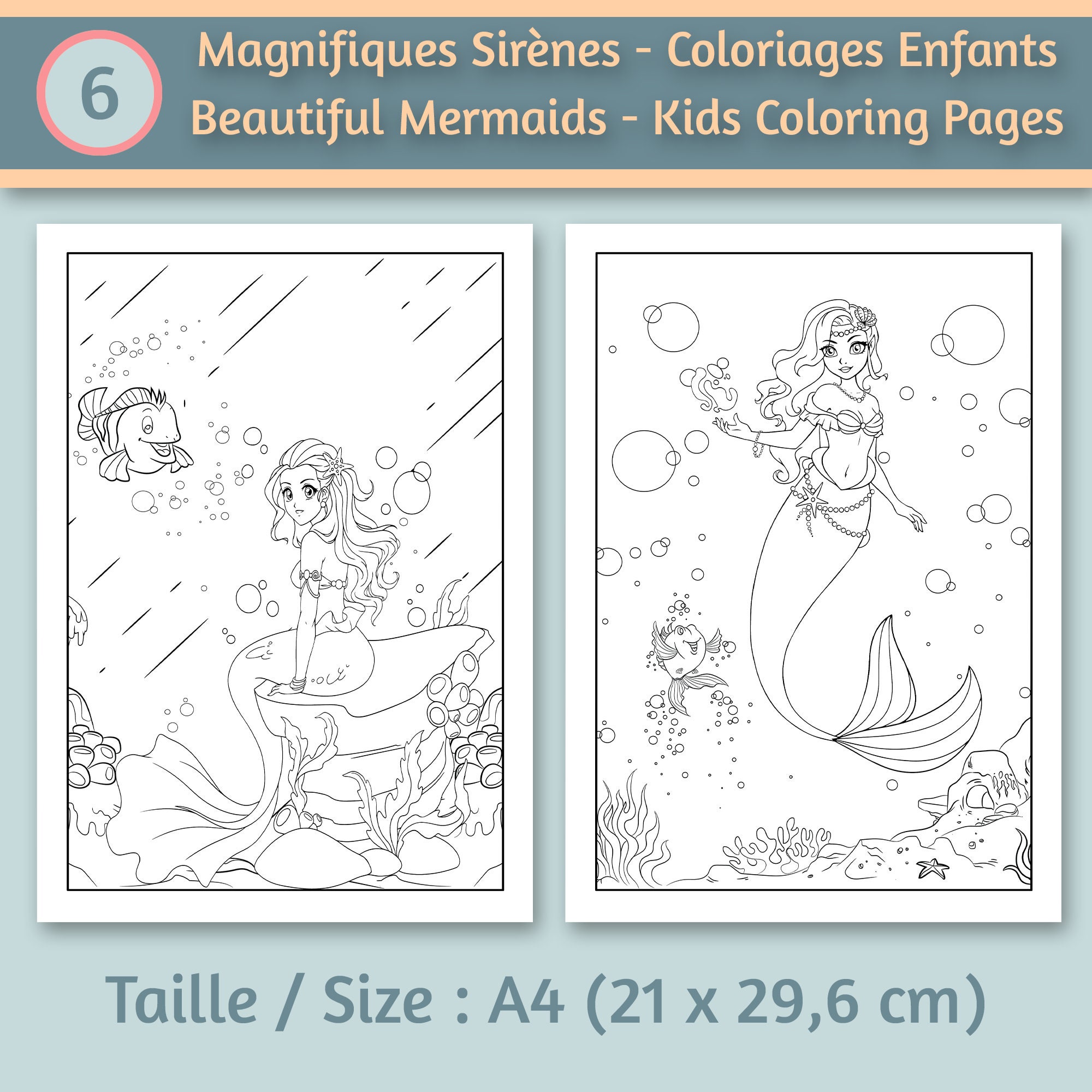 6 Mermaids Coloring Pages for Kids Coloring Book for Kids Coloring Book ...
