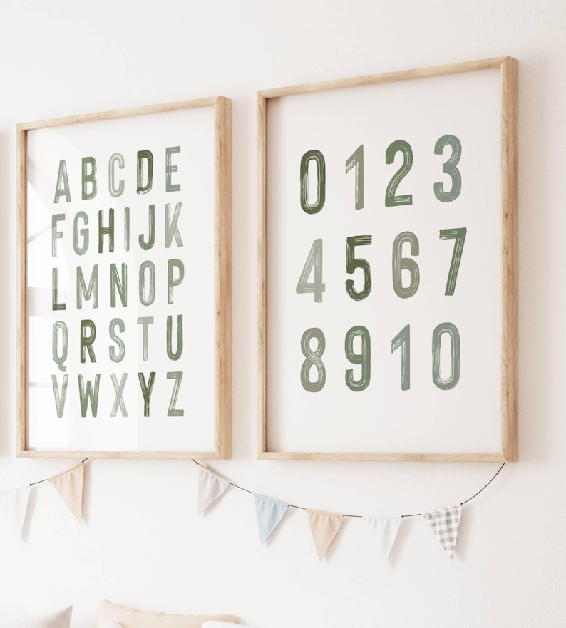 Sage Green Alphabet Ad Numbers Print, Green Alphabet and Numbers Print ...