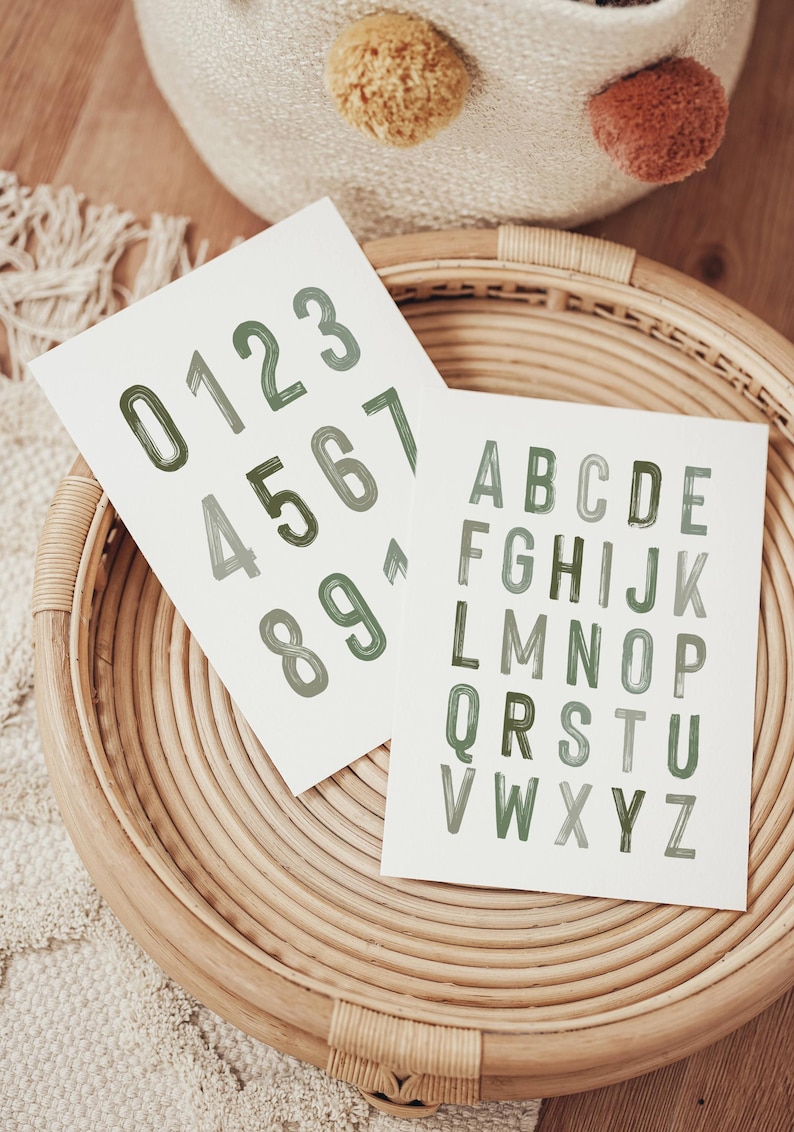 Sage Green Alphabet Ad Numbers Print, Green Alphabet and Numbers Print ...