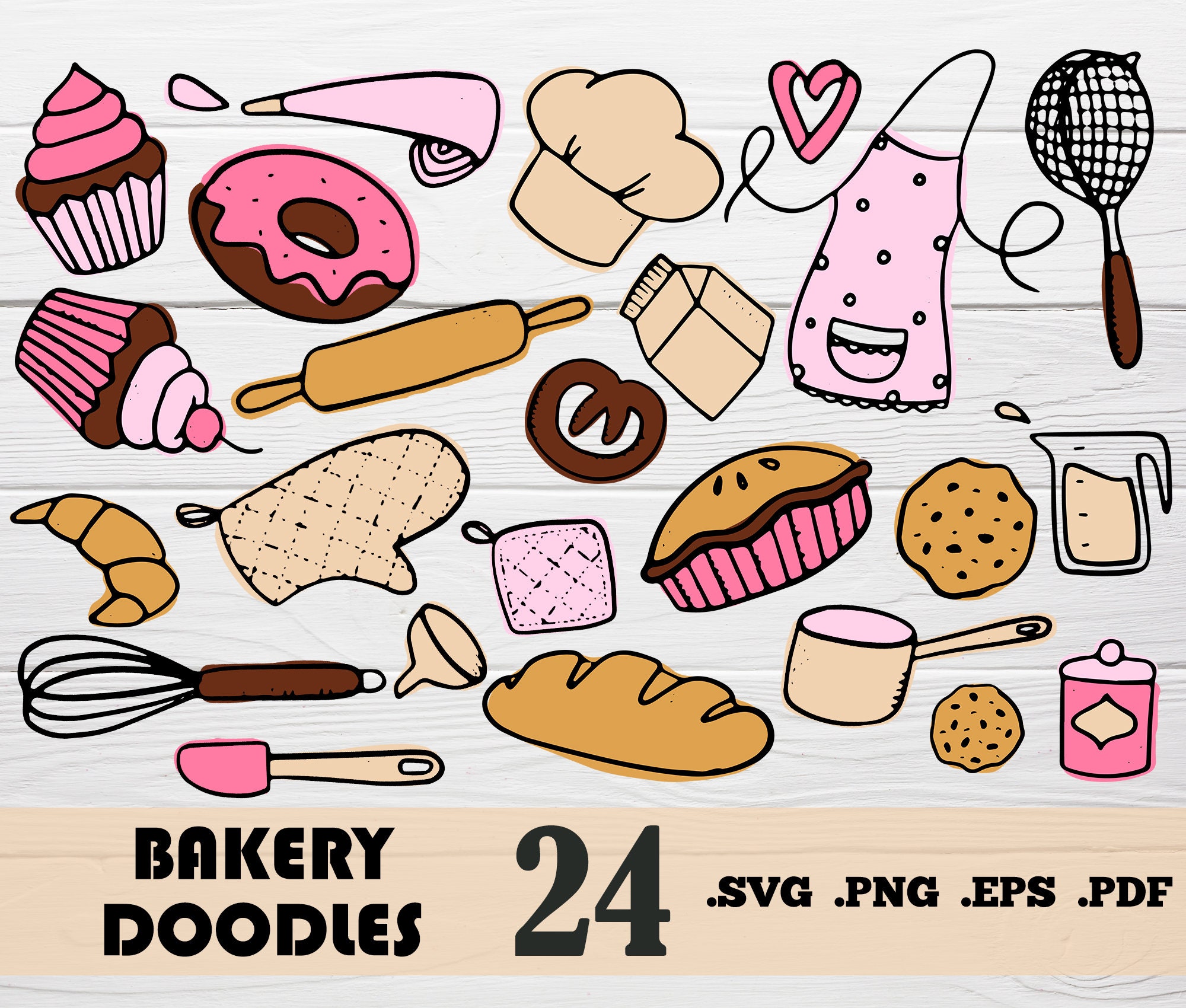Bäckerei Doodles Svg, Doodle Backen Clipart Vektor Pack, Küche Clipart ...