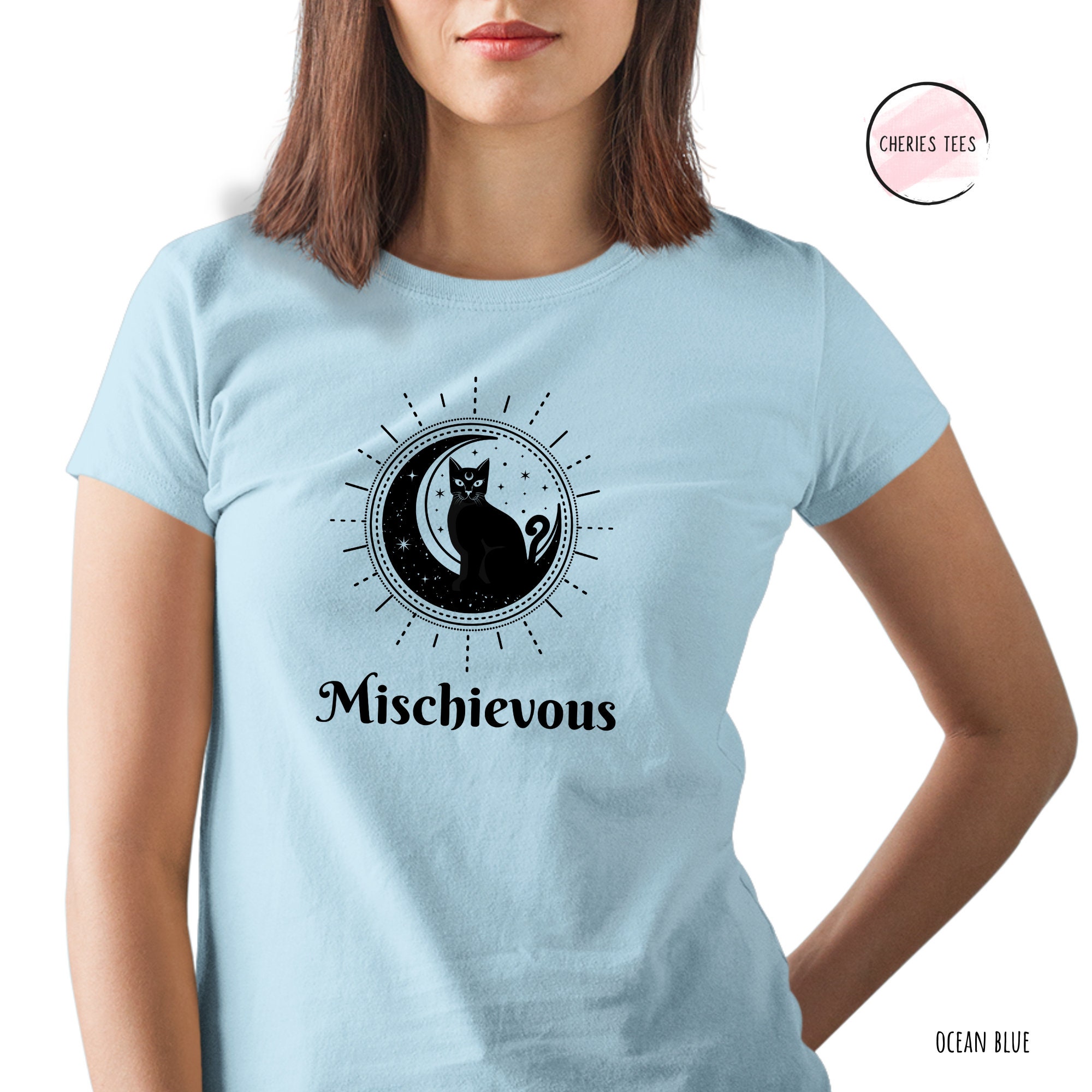 Mischievous Cosmic Black Cat Crescent Moon Boho T-shirt, Black Cat ...