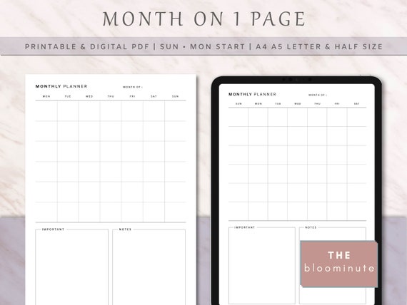 Undated Monthly Planner Printable Simple Calendar Month on 1 | Etsy
