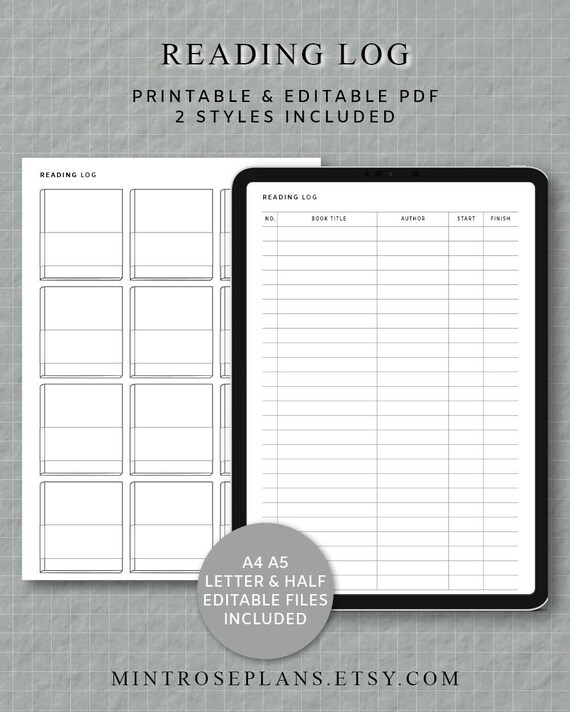 2 Styles of Editable Reading Log Digital Reading Tracker A4 | Etsy