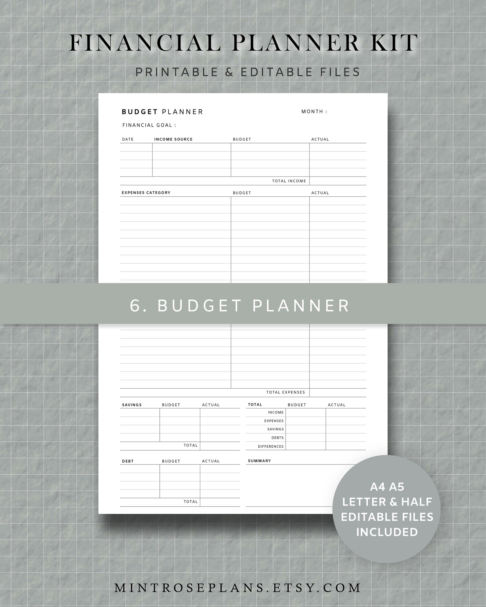 6-in-1 Editable Financial Planner Sheets Budget Planner Kit | Etsy