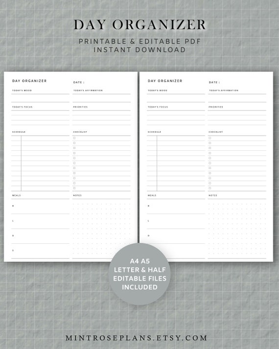 Editable Day Organizer For Minimalist Work at Home Meal | Etsy