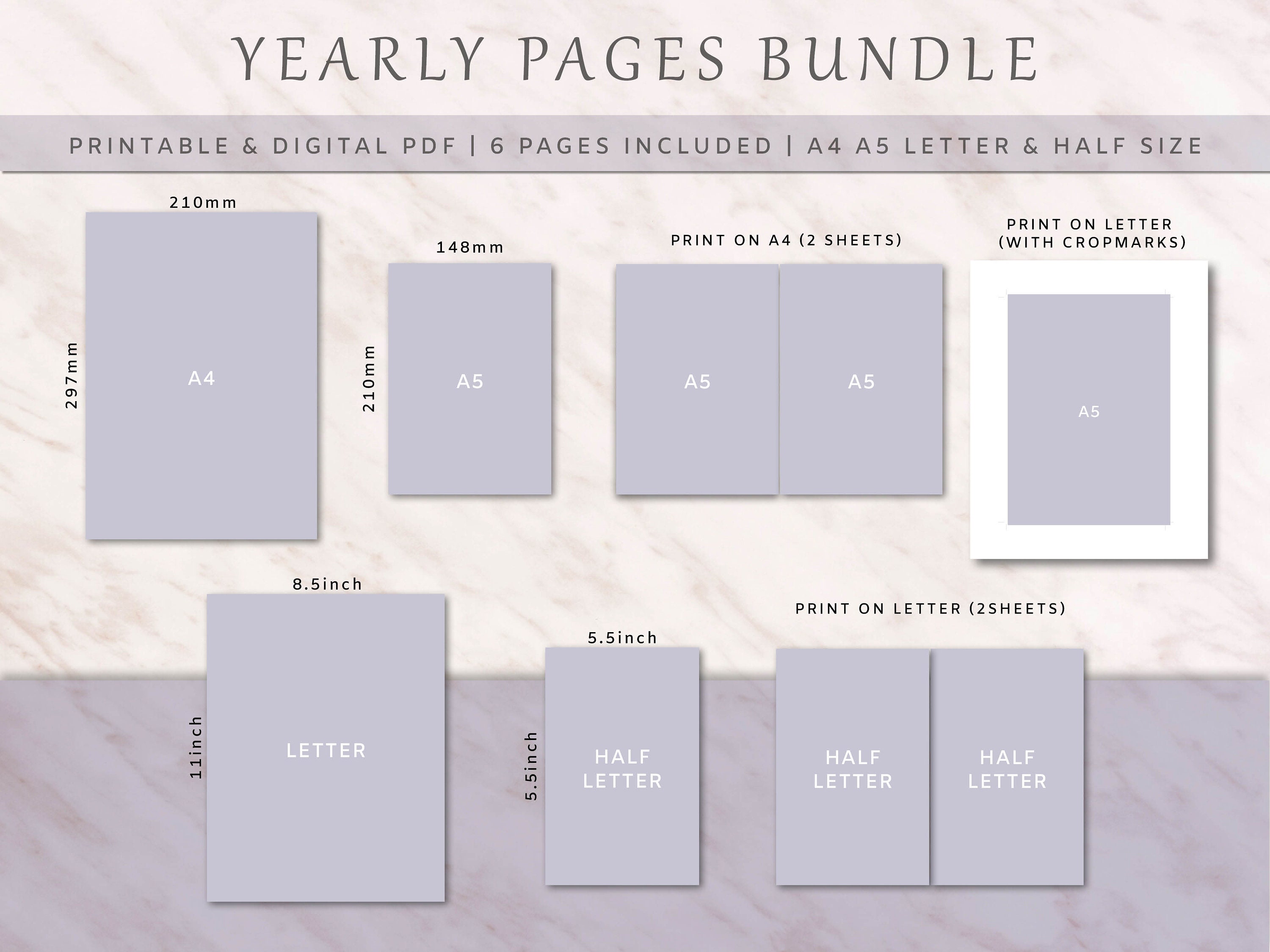 Printable Yearly Pages Bundle A4, A5, Letter & Half Year-long Planner ...