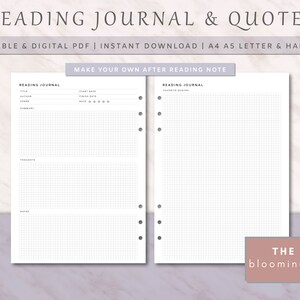 Reading Journal Templates for Book Lovers With Favorite Quotes | A4 A5 ...
