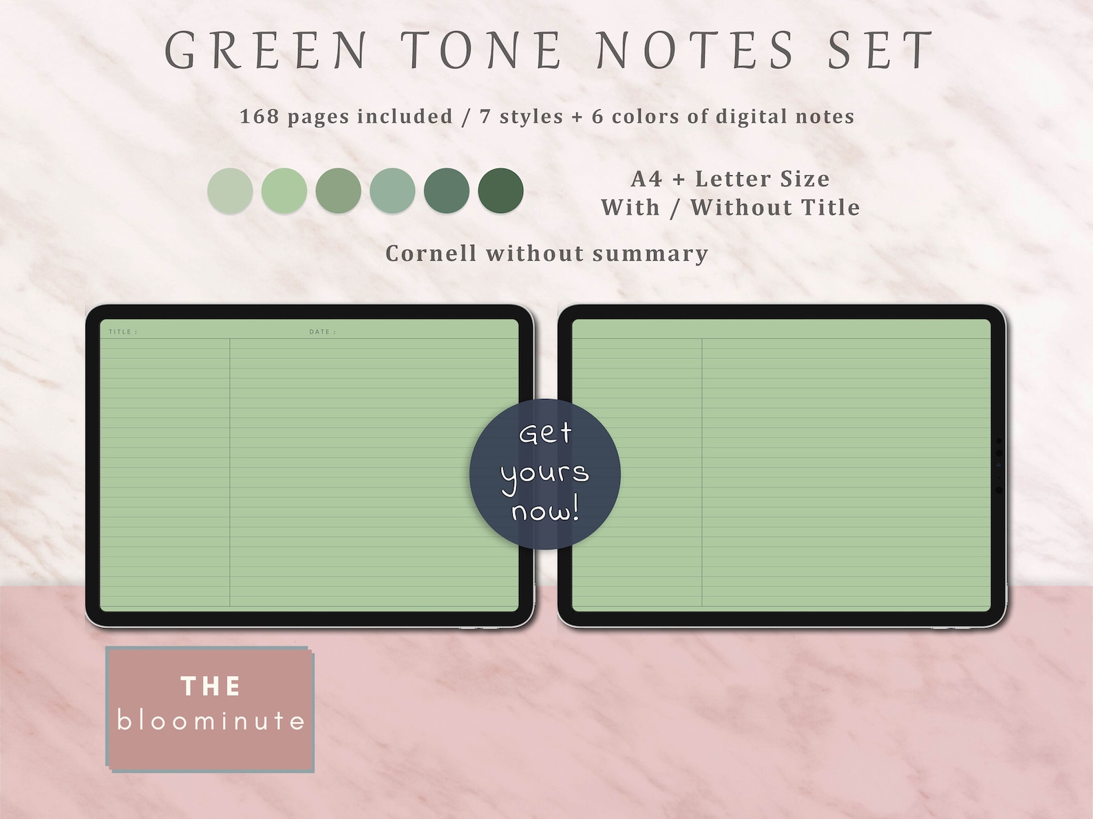 168 Horizontal Green Color Digital Note Taking Template Dot - Etsy