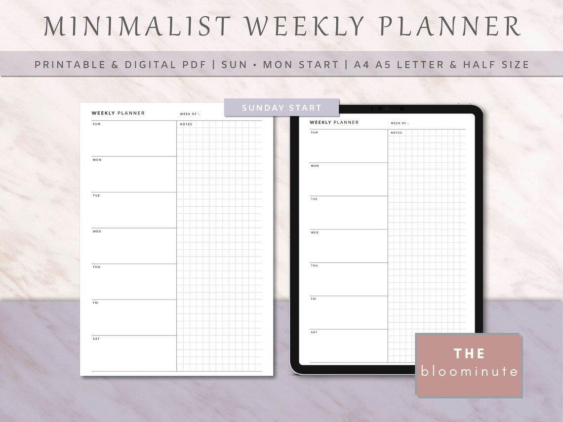Minimalist Weekly Planner Printable PDF Week on 1 Page Simple - Etsy