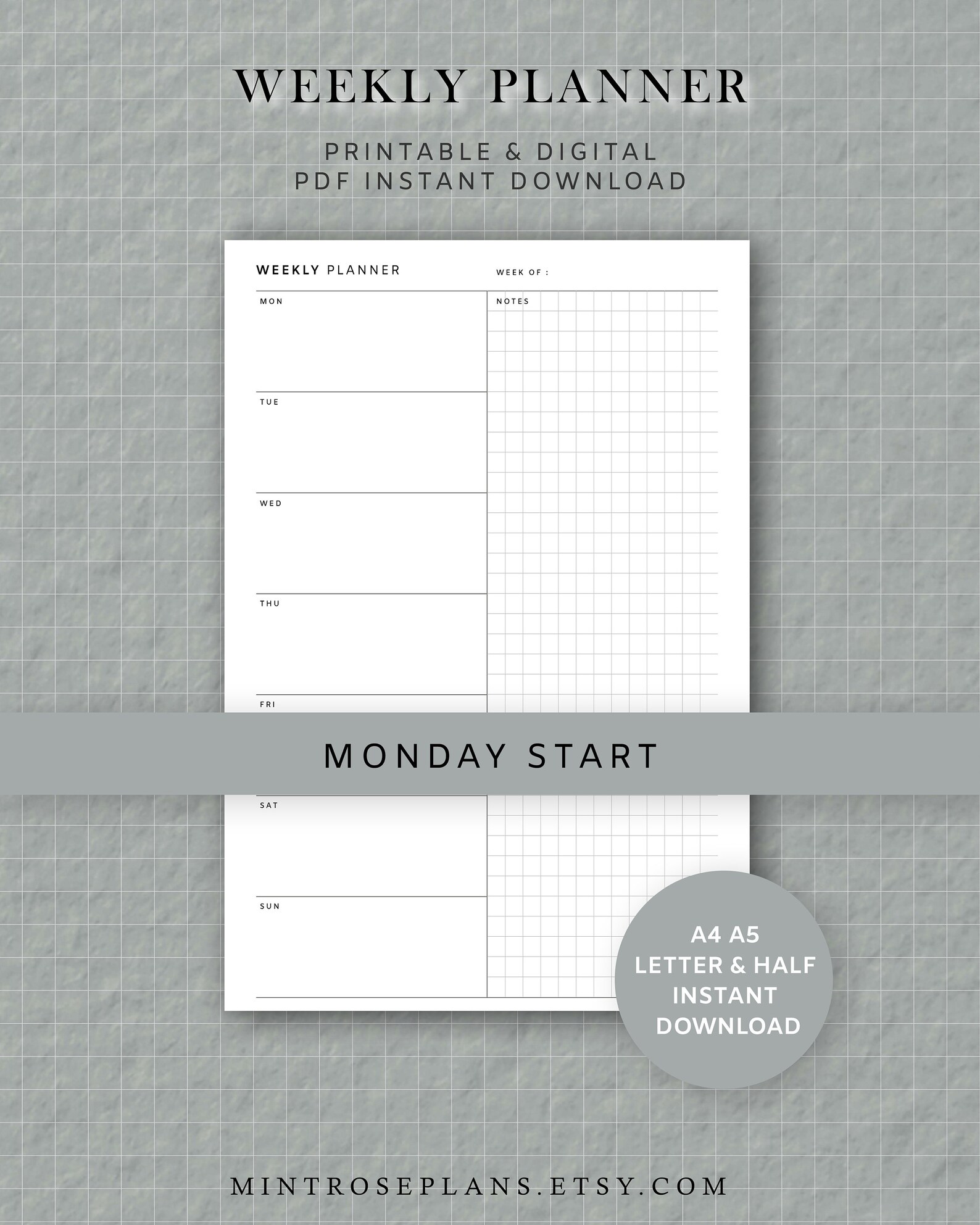 Minimalist Weekly Planner Printable PDF Week on 1 Page Simple | Etsy