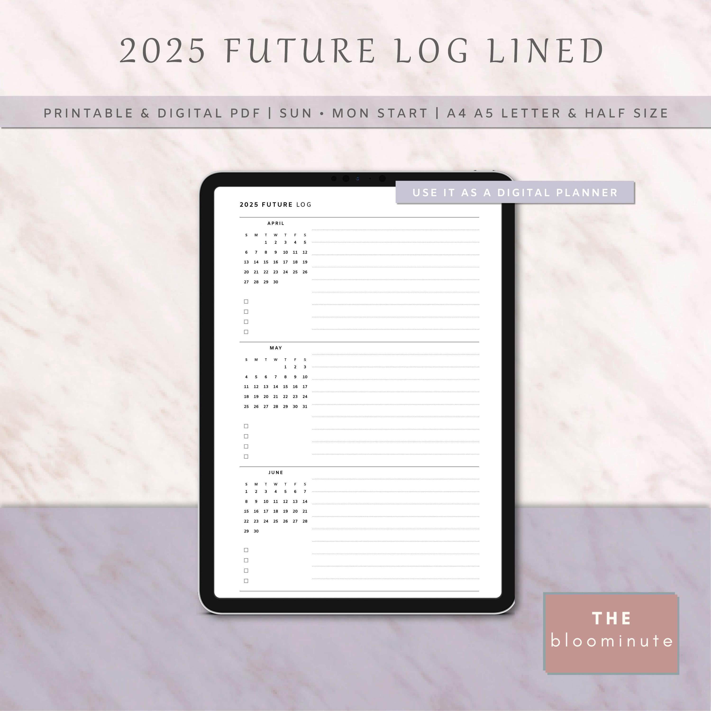 2025 Future Log Printable, Yearly Overview, Year on 4 Pages, Lined ...