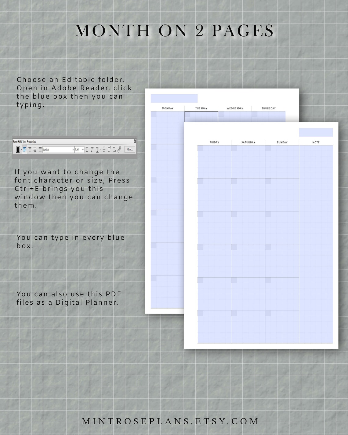 Month on 2 Pages Editable Planner Undated Monthly Planner | Etsy