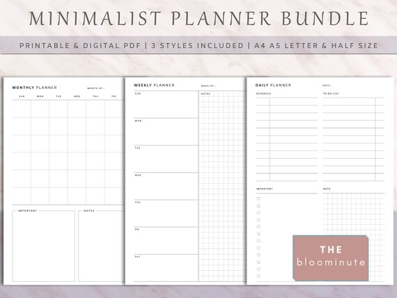 Minimalist Planner Bundle Monthly Weekly Daily on 1 Page | Etsy