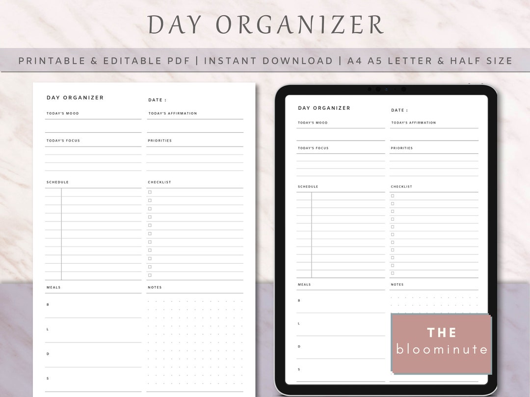 Editable Day Organizer for Minimalist, Work at Home, Meal Planner, Mood ...