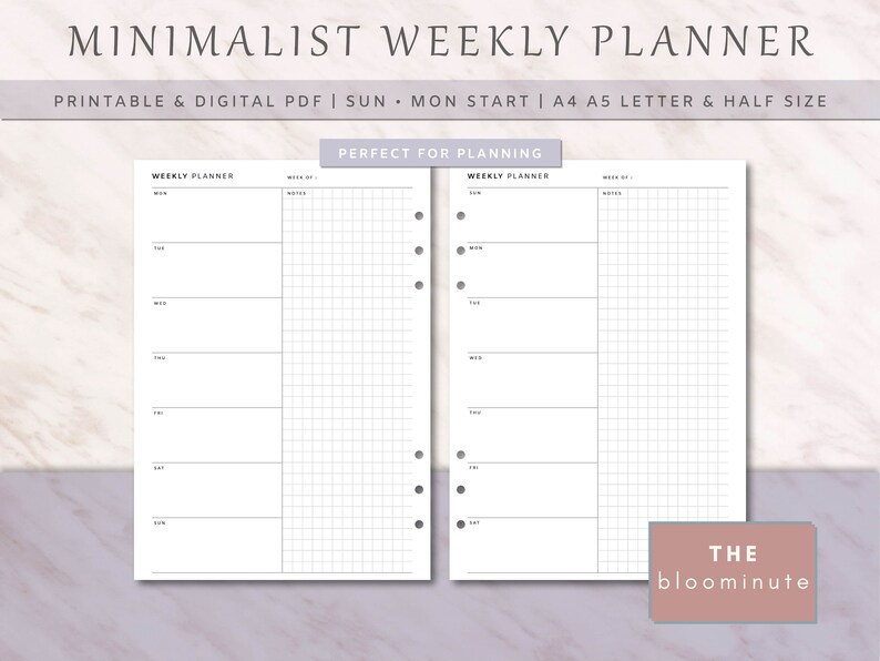 Minimalist Weekly Planner Printable PDF, Week on 1 Page Simple Style ...