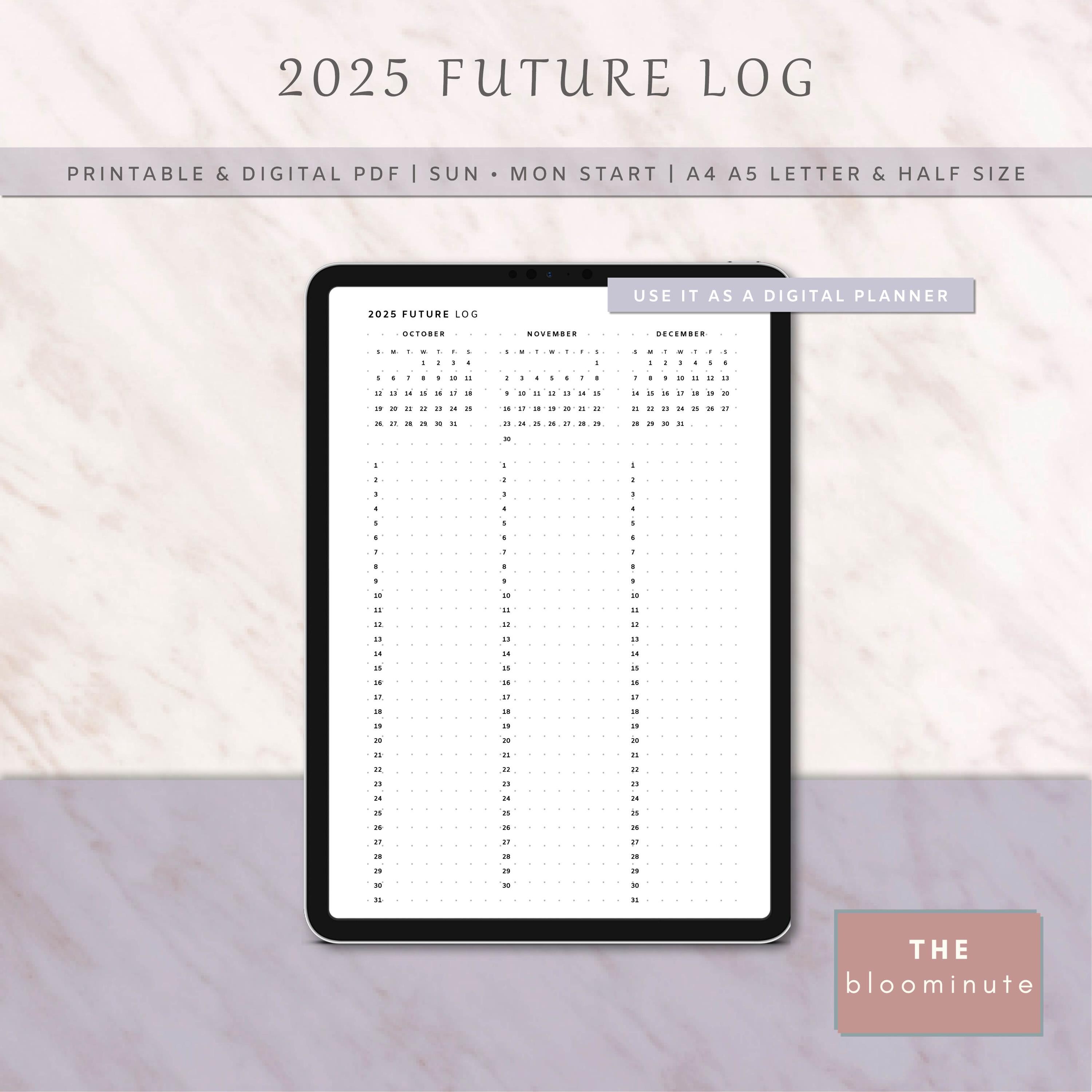 2025 Future Log Printable, Yearly Overview, Year on 4 Pages, Minimalist ...