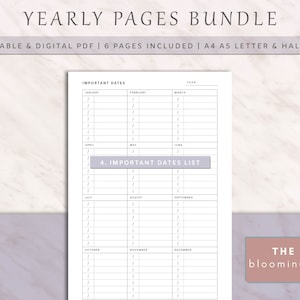 Printable Yearly Pages Bundle | A4, A5, Letter & Half | Year-long ...