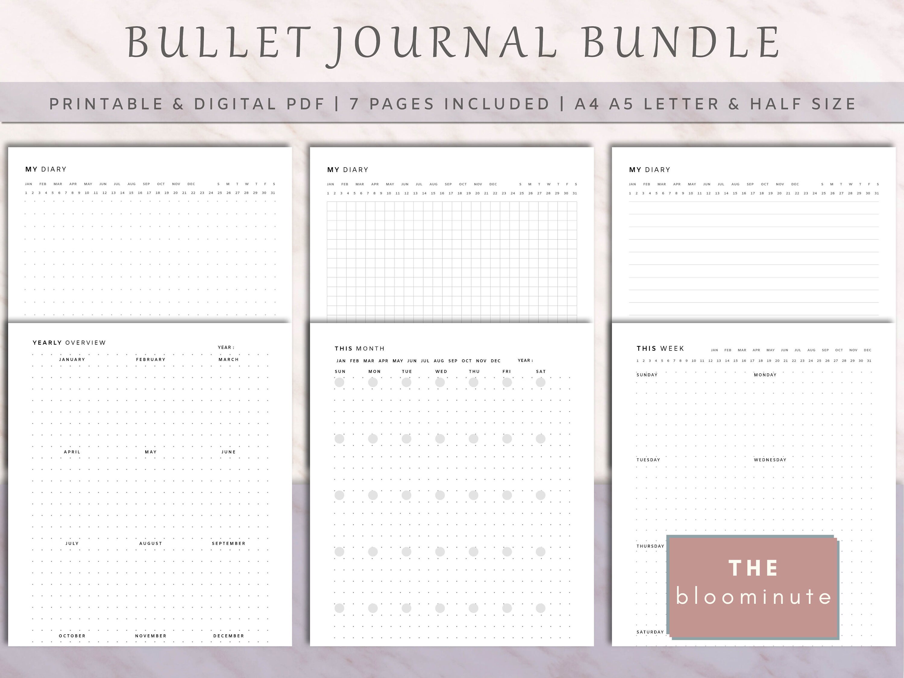 4-in-1 Bullet Journal Bundle, Yearly, Monthly, Weekly, Daily, Printable ...