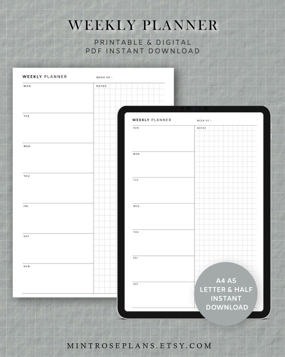 Minimalist Weekly Planner Printable PDF Week on 1 Page Simple | Etsy
