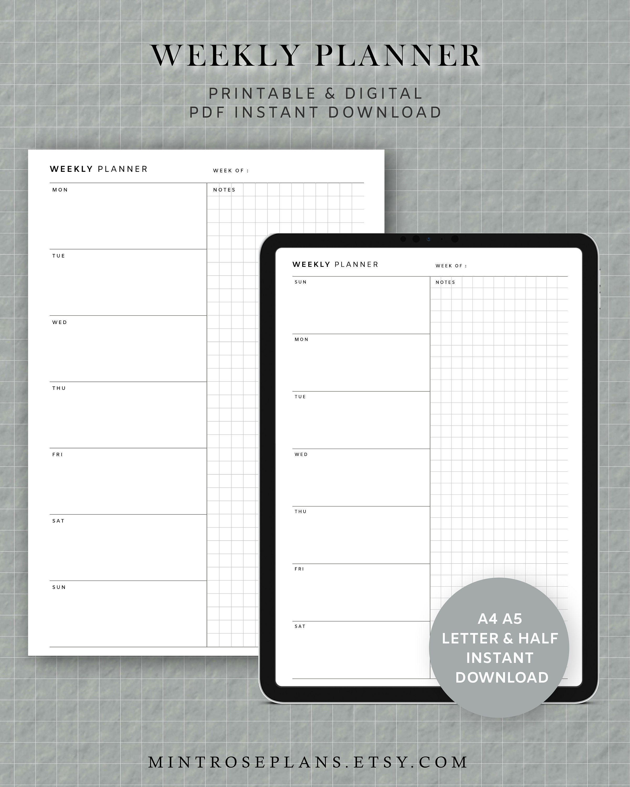 Minimalist Weekly Planner Printable PDF Week on 1 Page Simple | Etsy