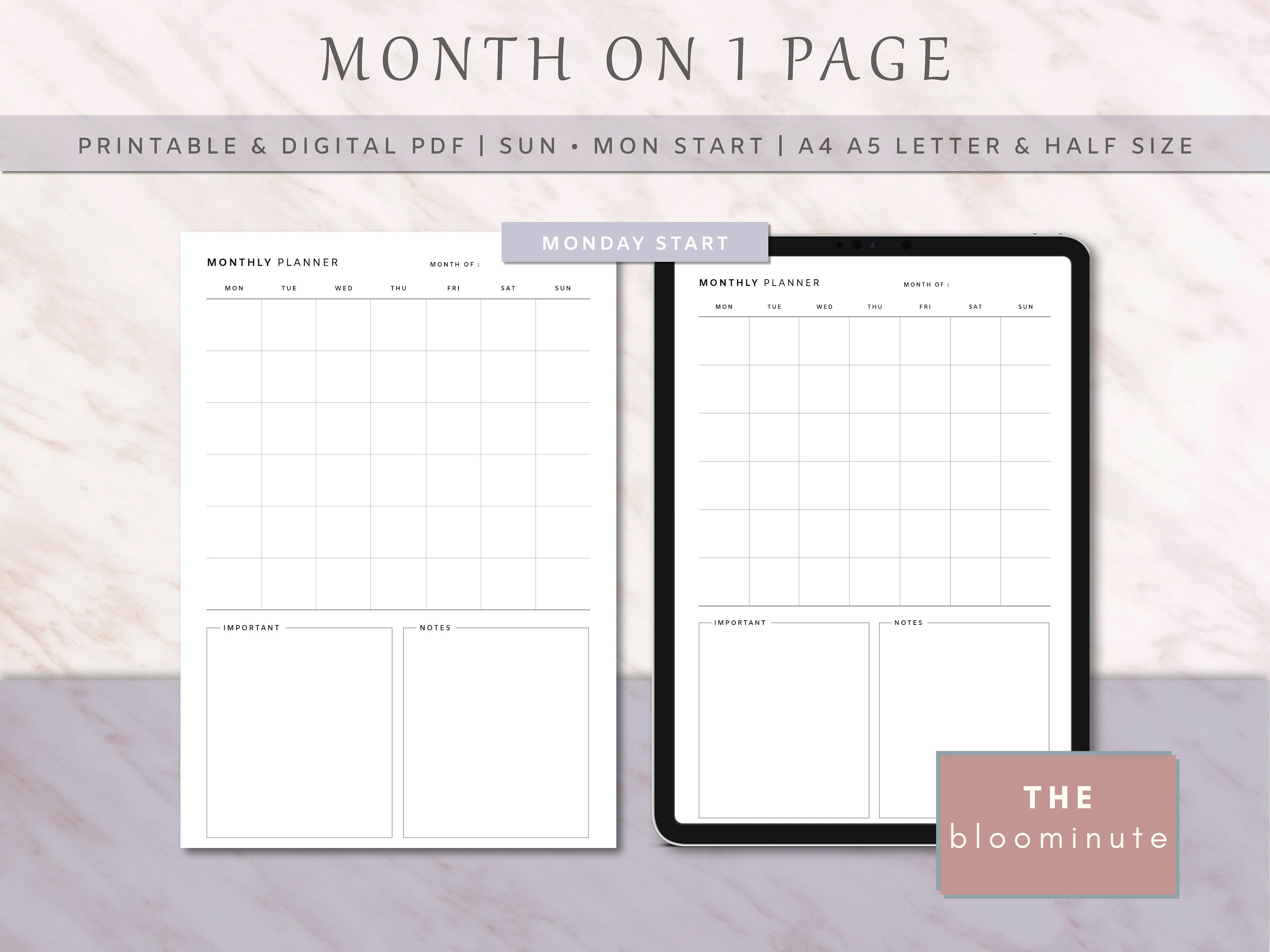 Undated Monthly Planner Printable, Simple Calendar, Month on 1 Page, A4 ...