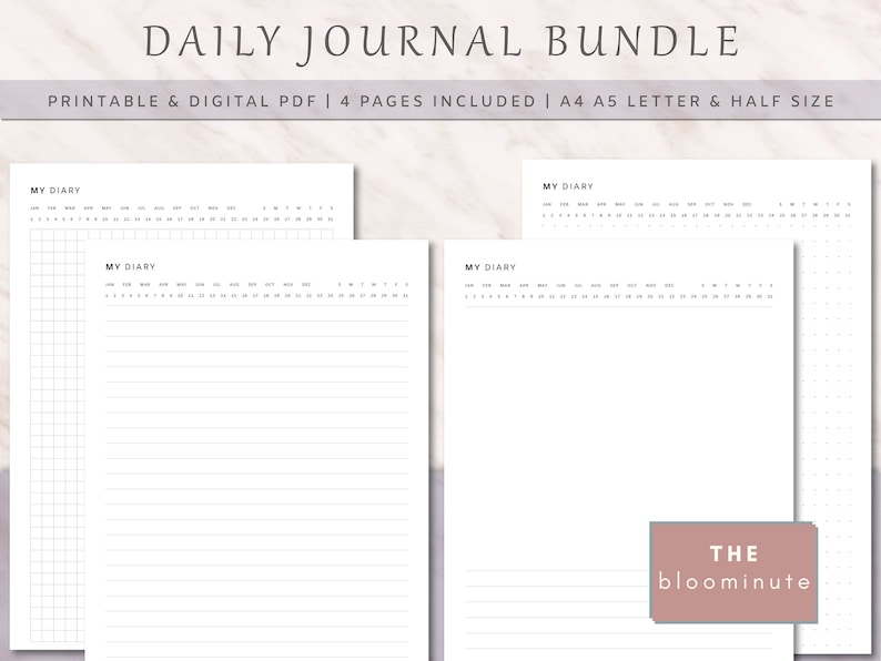 Printable & Digital Day Reflection Journal Pages, Lined, Dot Grid ...