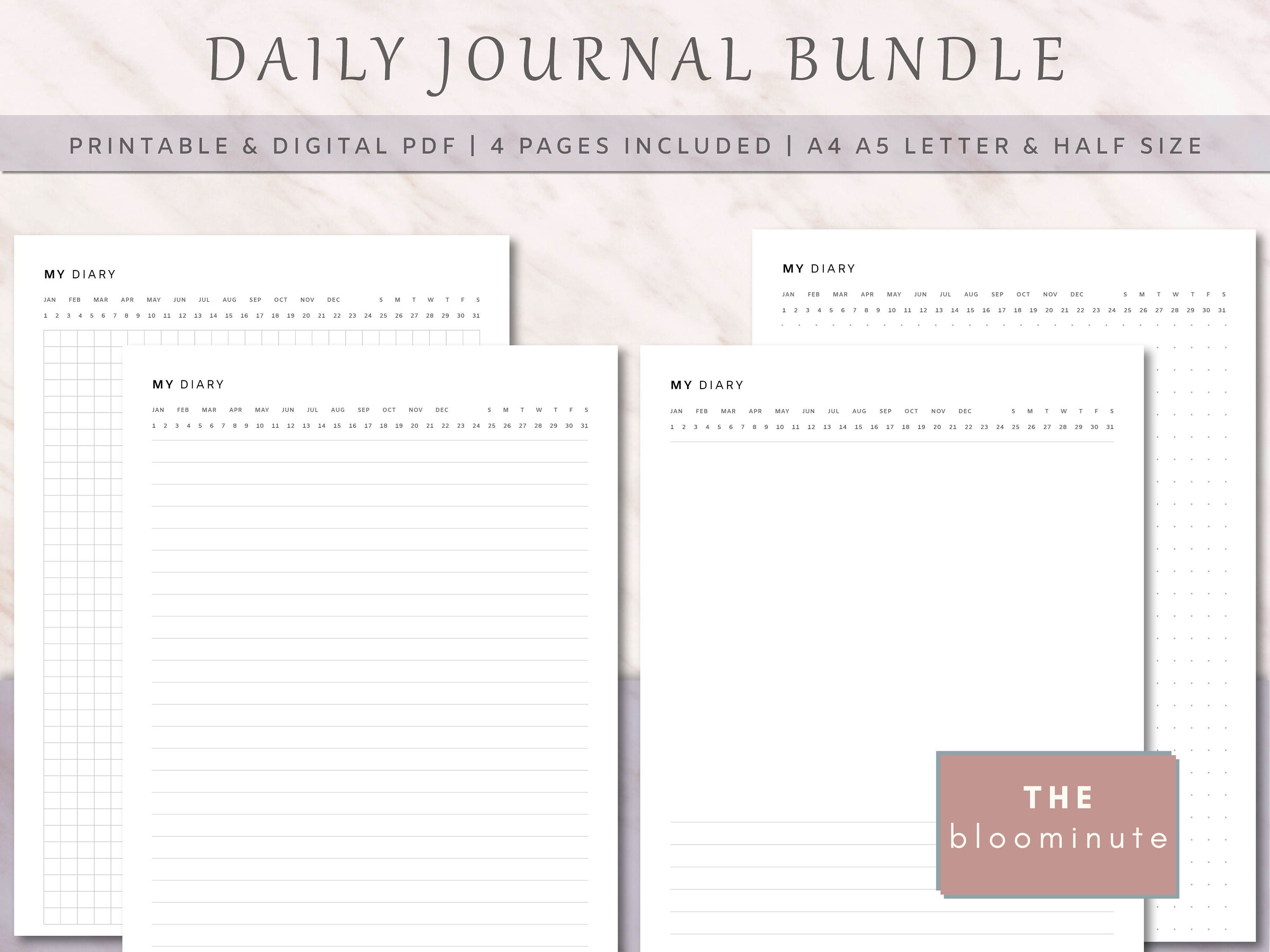 Printable & Digital Day Reflection Journal Pages, Lined, Dot Grid ...