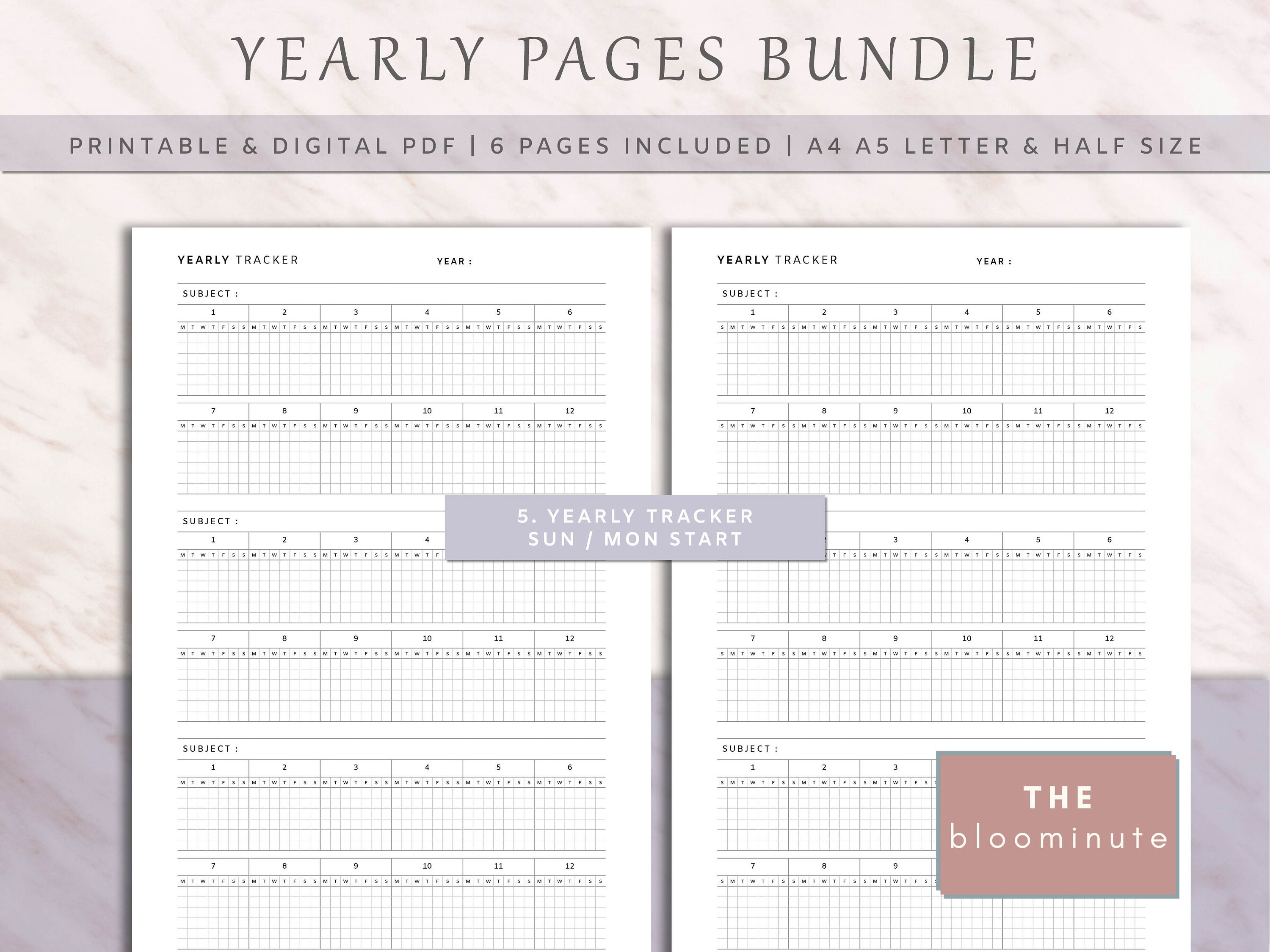 Printable Yearly Pages Bundle | A4, A5, Letter & Half | Year-long ...
