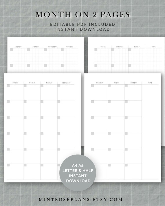 Month on 2 Pages Editable Planner Undated Monthly Planner | Etsy