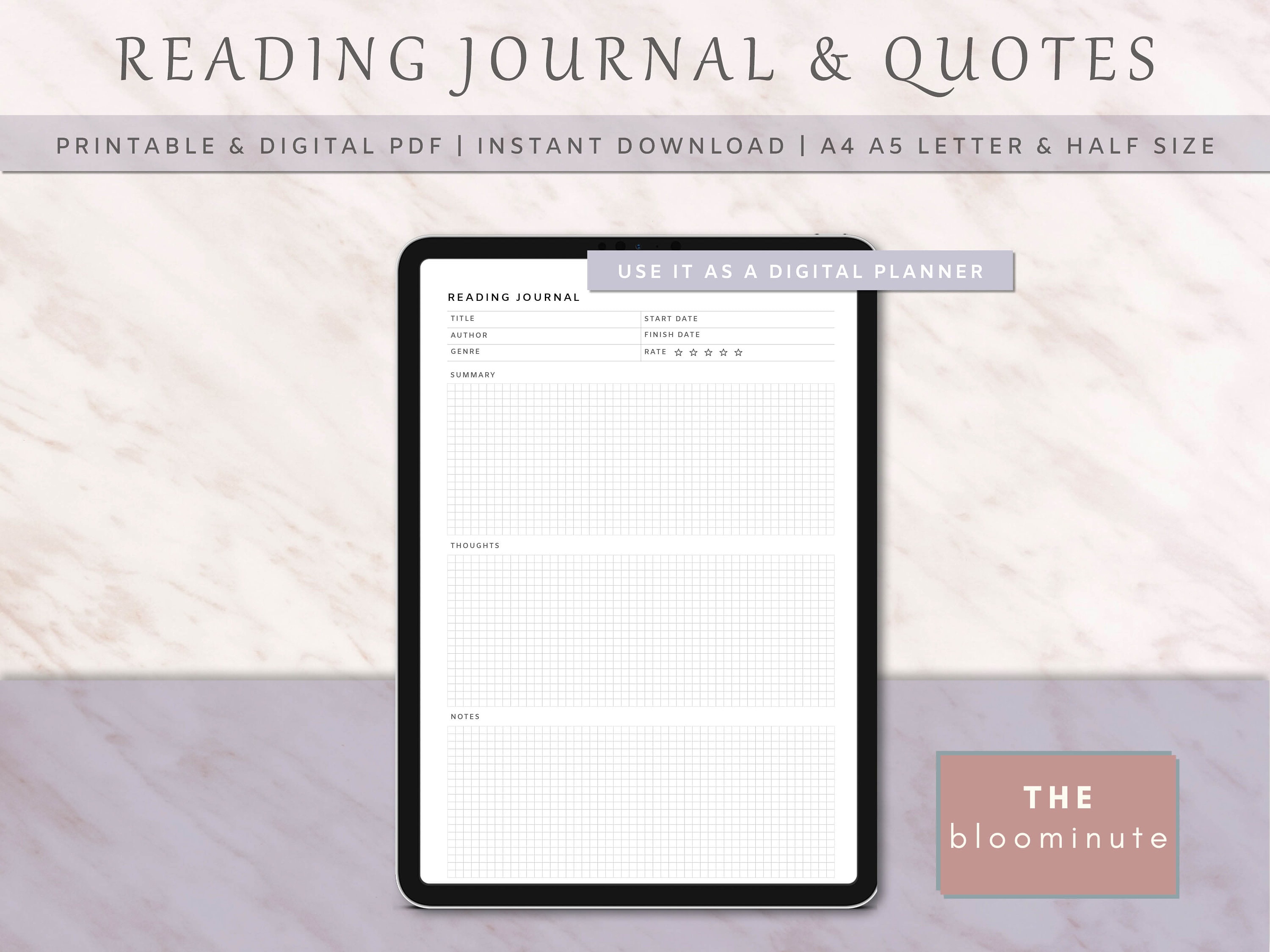 Reading Journal Templates for Book Lovers With Favorite Quotes | A4 A5 ...