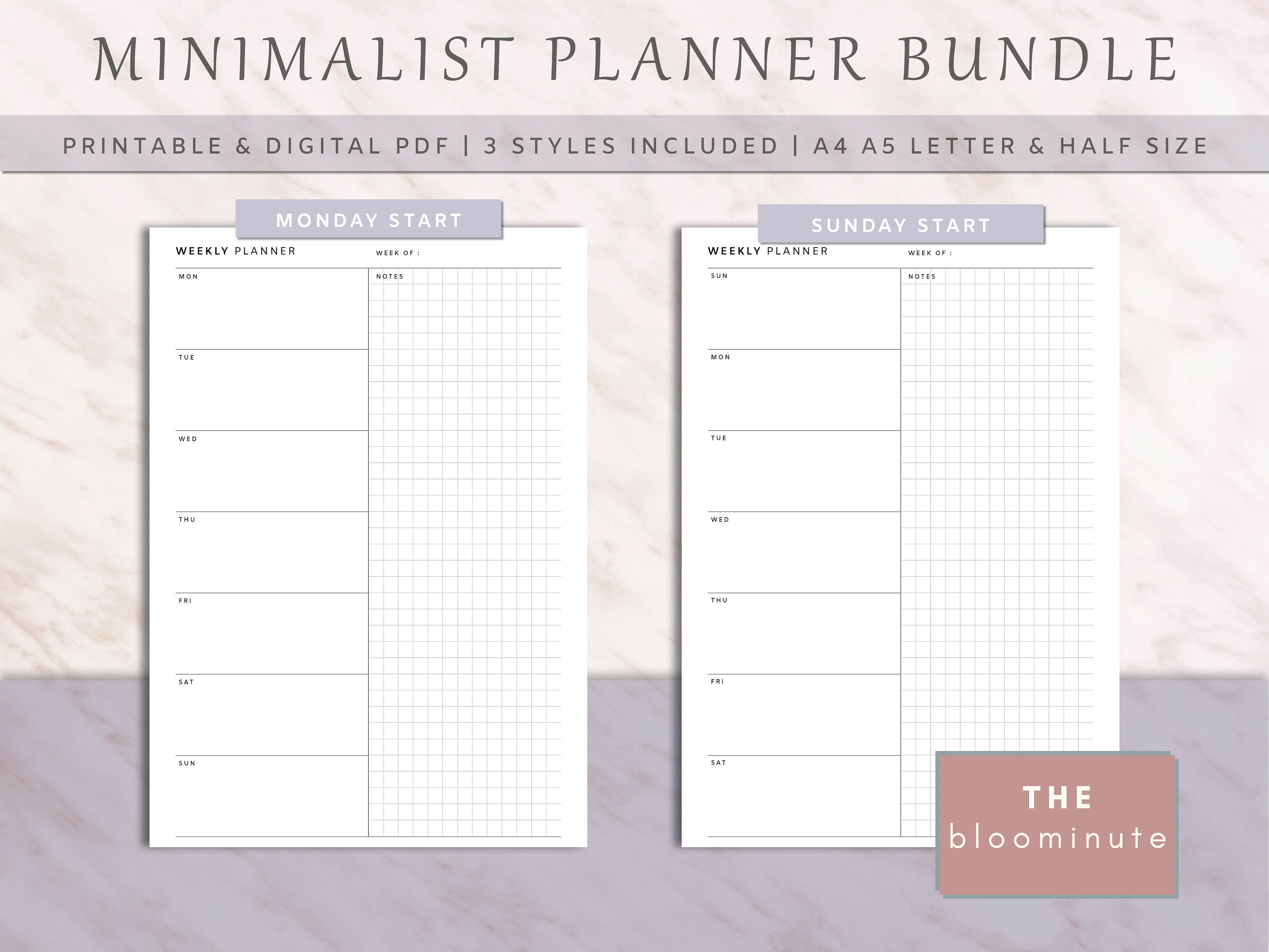 Minimalist Planner Bundle, Monthly, Weekly, Daily on 1 Page, A4, A5 ...