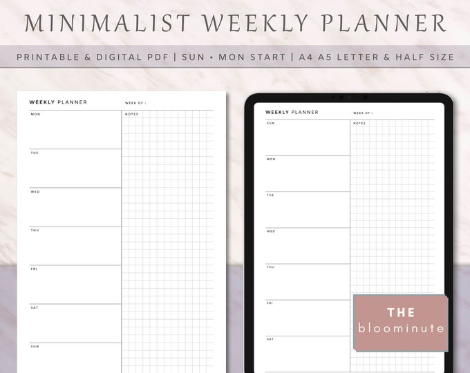 Minimalist Weekly Planner Printable PDF Week on 1 Page Simple - Etsy