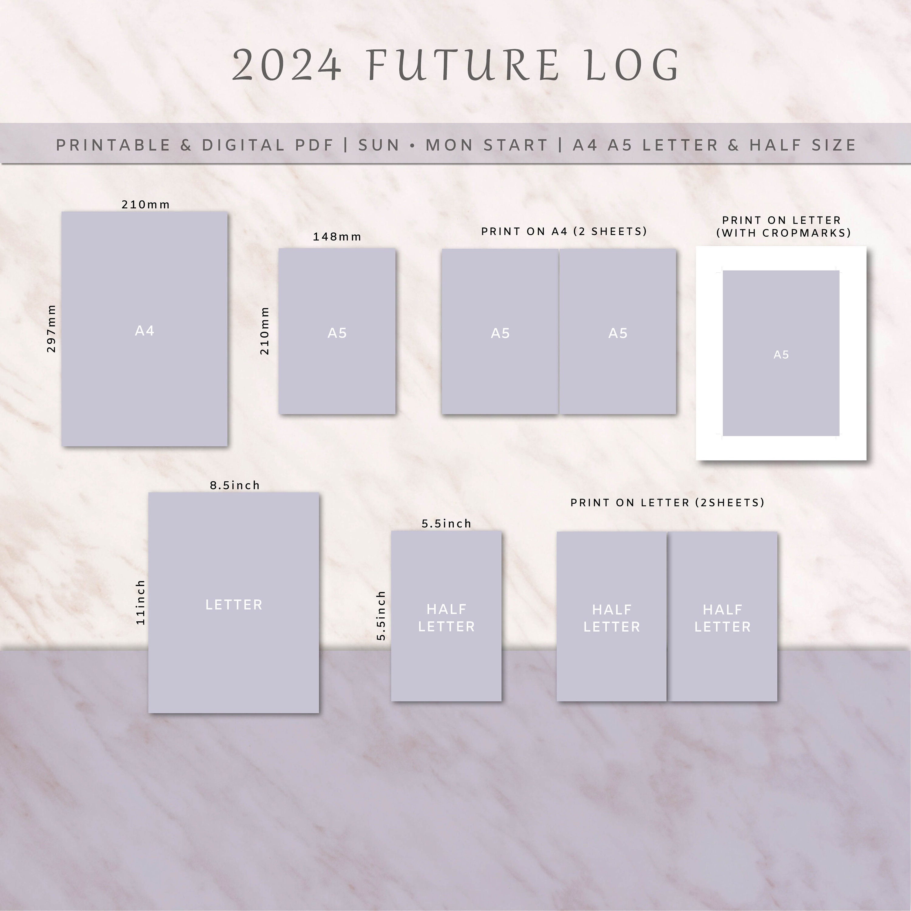 2024 Future Log Printable, Yearly Overview, Year on 4 Pages, Minimalist ...
