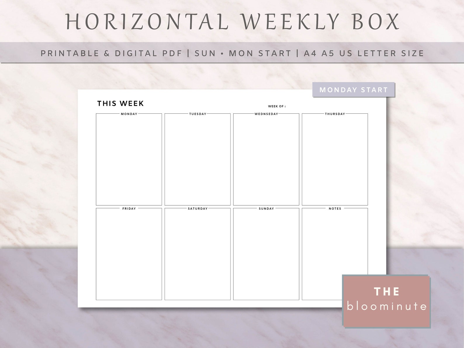 Landscape Weekly Planner Pages, Minimalist Weekly Boxes, A4, A5, US ...