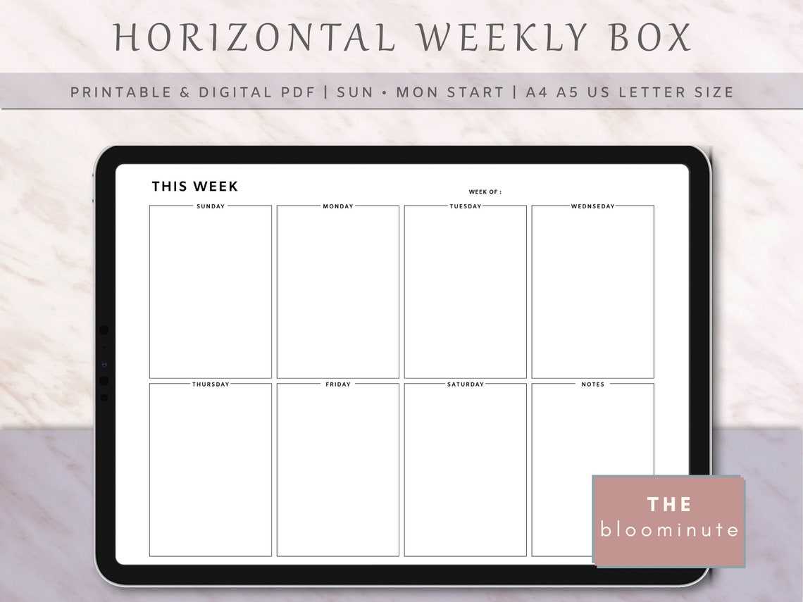 Landscape Weekly Planner Pages, Minimalist Weekly Boxes, A4, A5, US ...