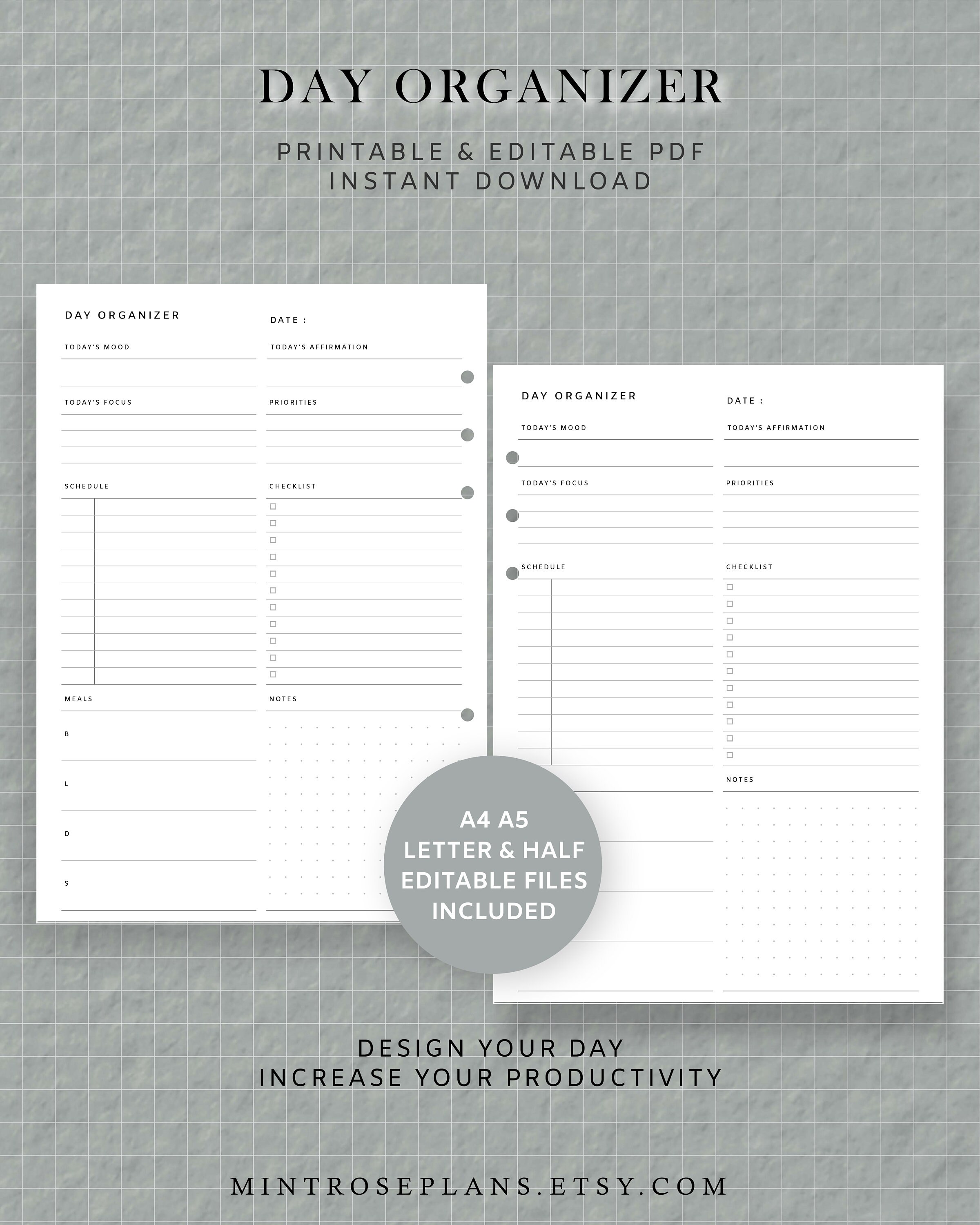 Editable Day Organizer For Minimalist Work at Home Meal | Etsy
