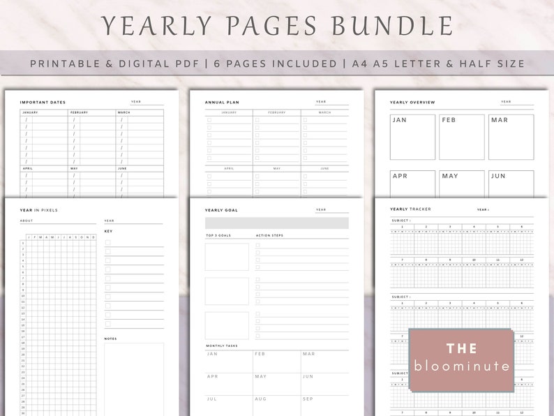 Printable Yearly Pages Bundle | A4, A5, Letter & Half | Year-long ...
