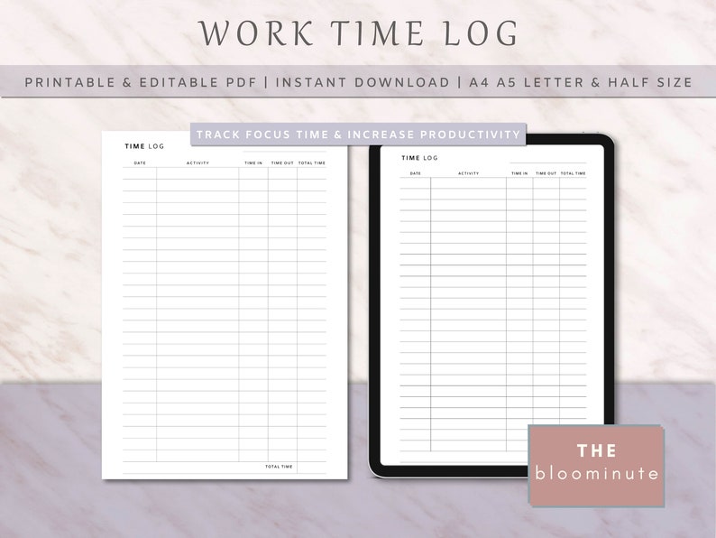 Minimalist Focus Time Tracker Editable PDF, Time Sheet Tracker, Work ...