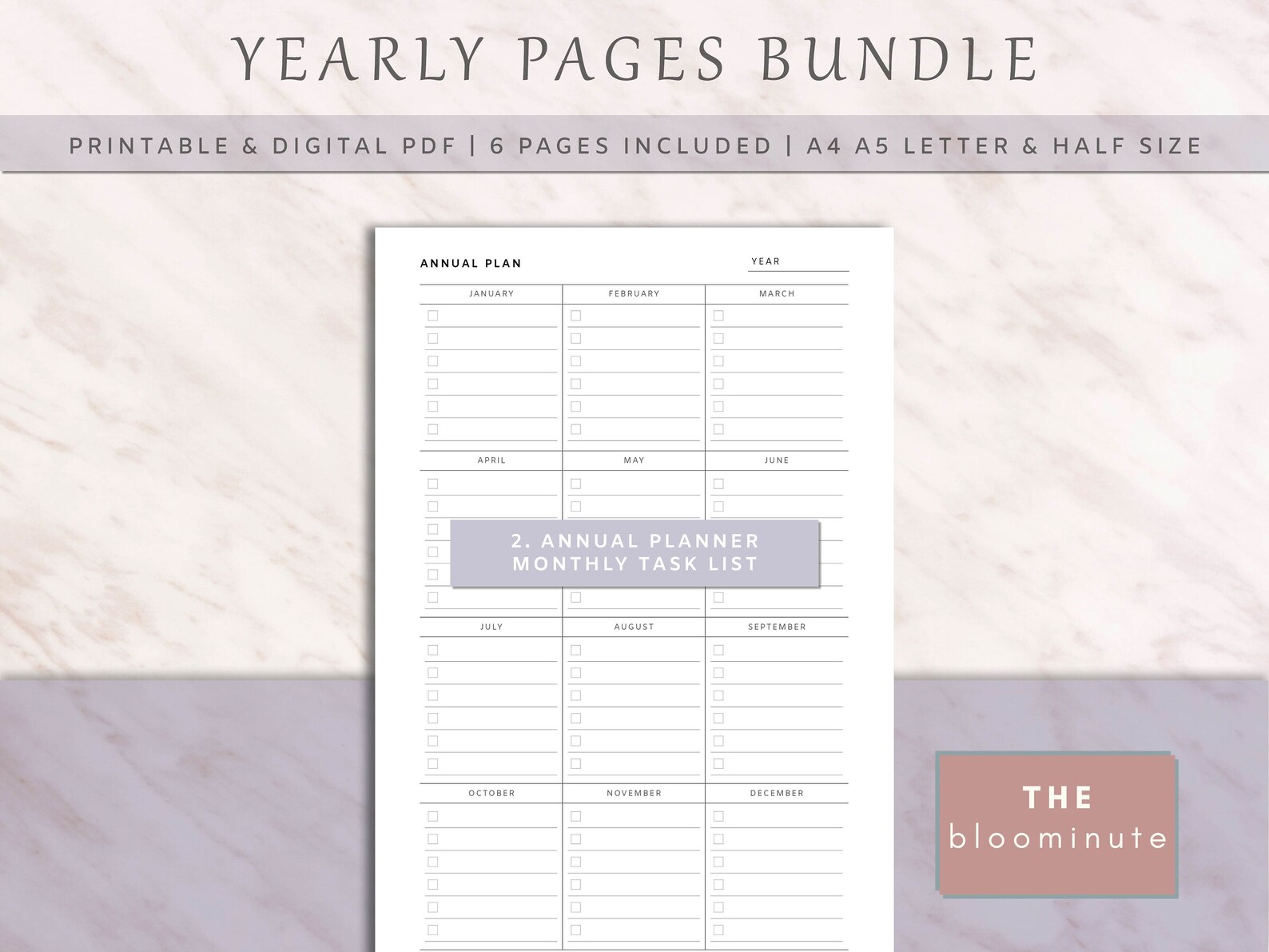 Printable Yearly Pages Bundle | A4, A5, Letter & Half | Year-long ...