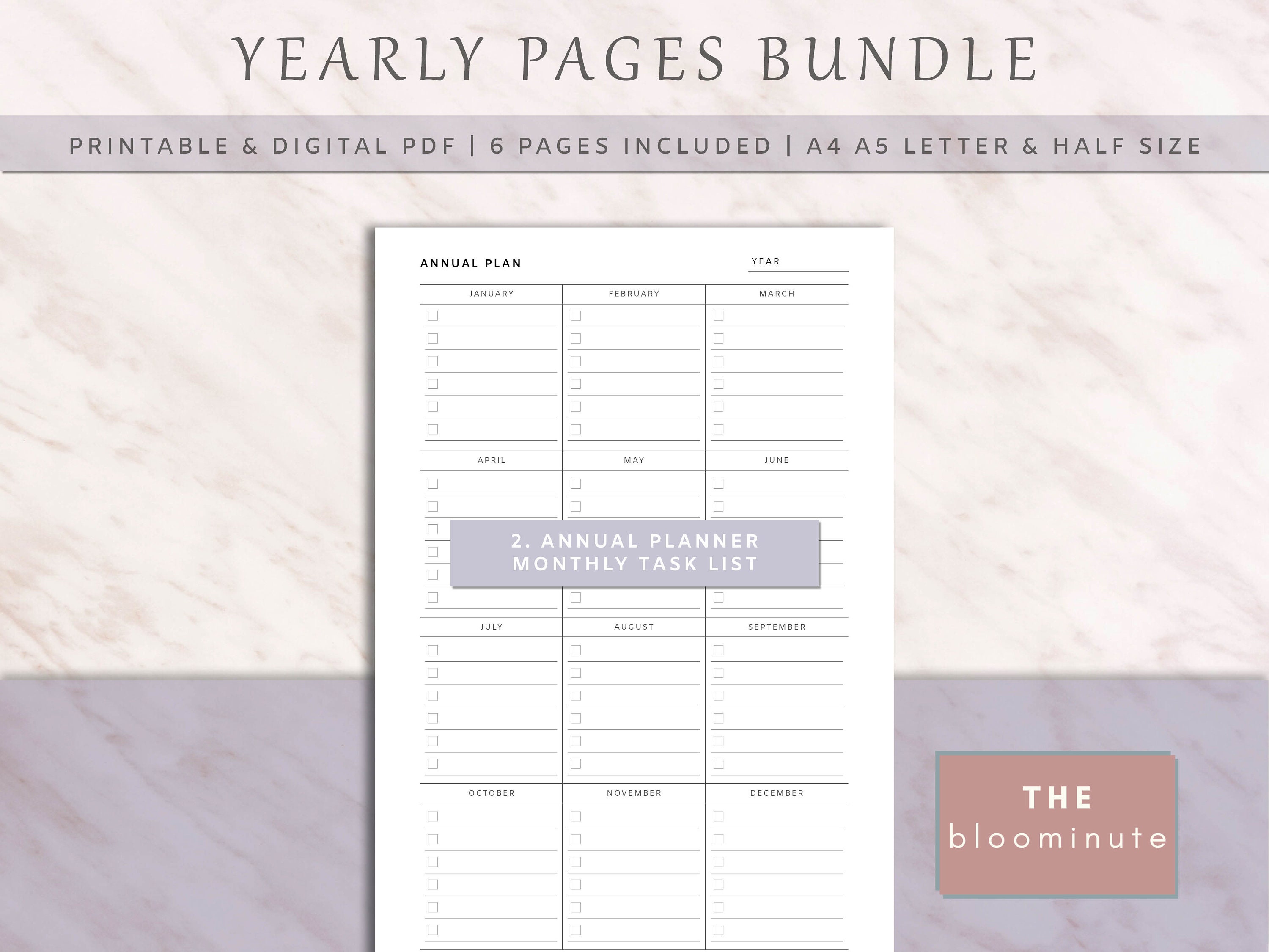 Printable Yearly Pages Bundle | A4, A5, Letter & Half | Year-long ...