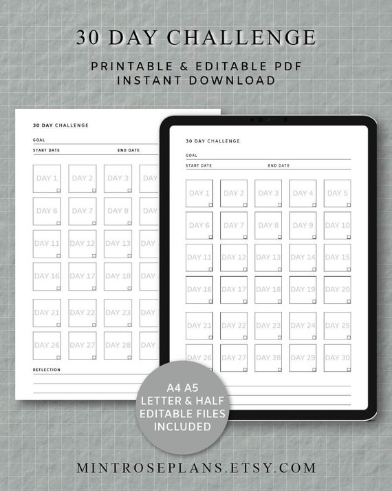 Editable 30 Day Challenge Tracker Goal Tracker A4 A5 | Etsy