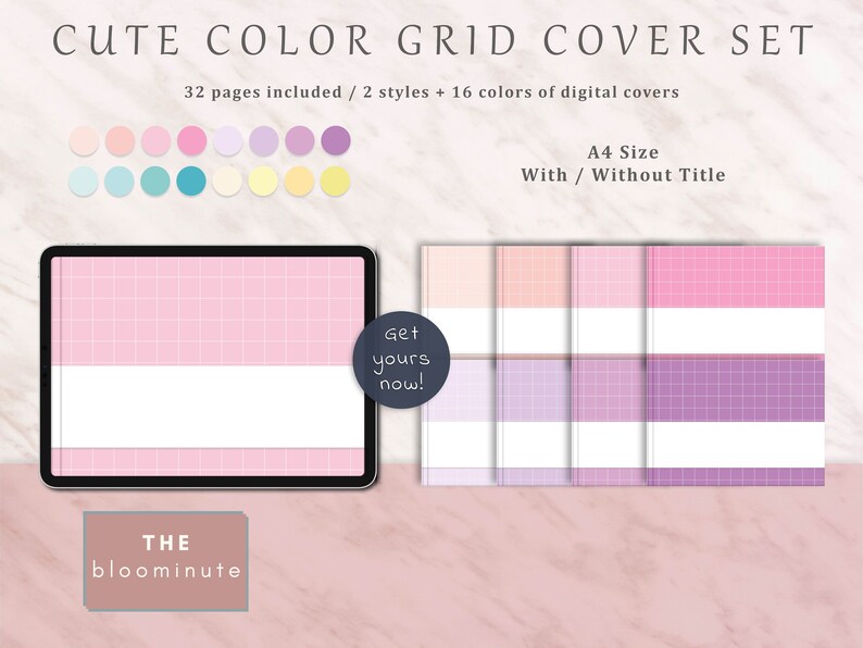 32 Cute Grid Aesthetic Cover for Digital Notebook, Horizontal, Pastel ...