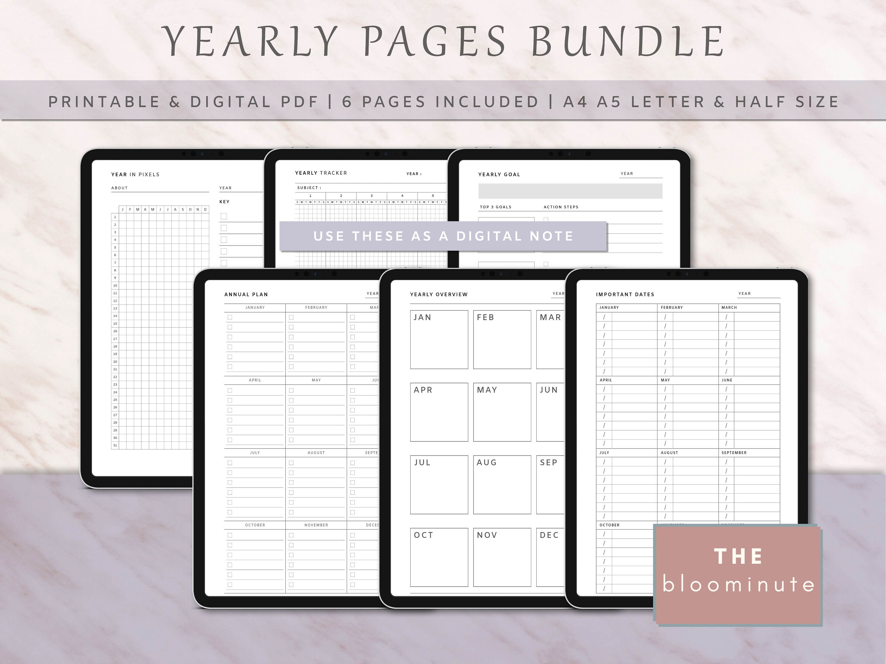 Printable Yearly Pages Bundle A4, A5, Letter & Half Year-long Planner ...