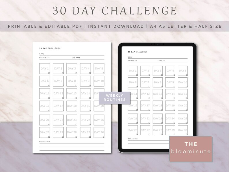 Editable 30 Day Challenge Tracker, Goal Tracker, A4, A5, Letter, Half ...