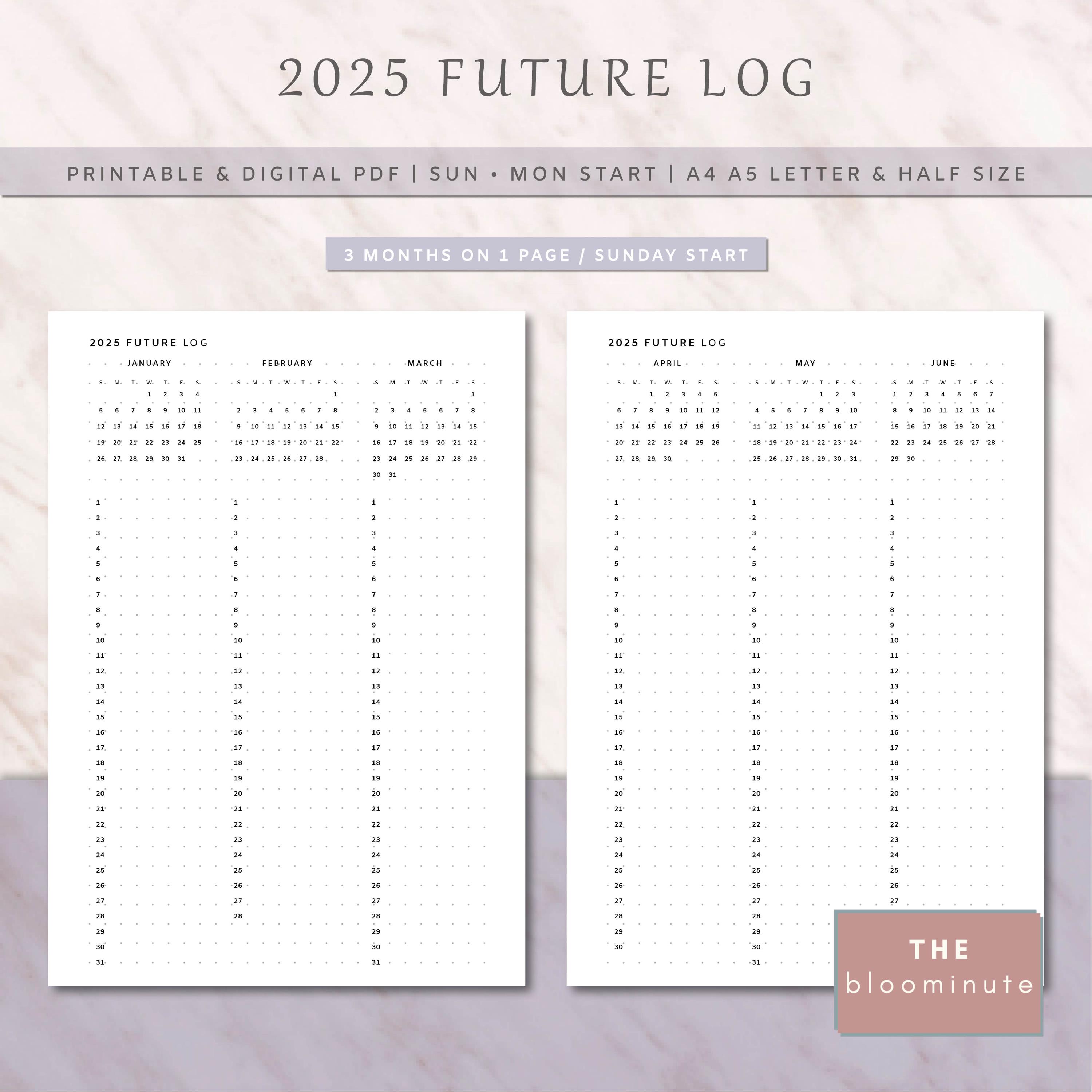 2025 Future Log Printable, Yearly Overview, Year on 4 Pages, Minimalist ...