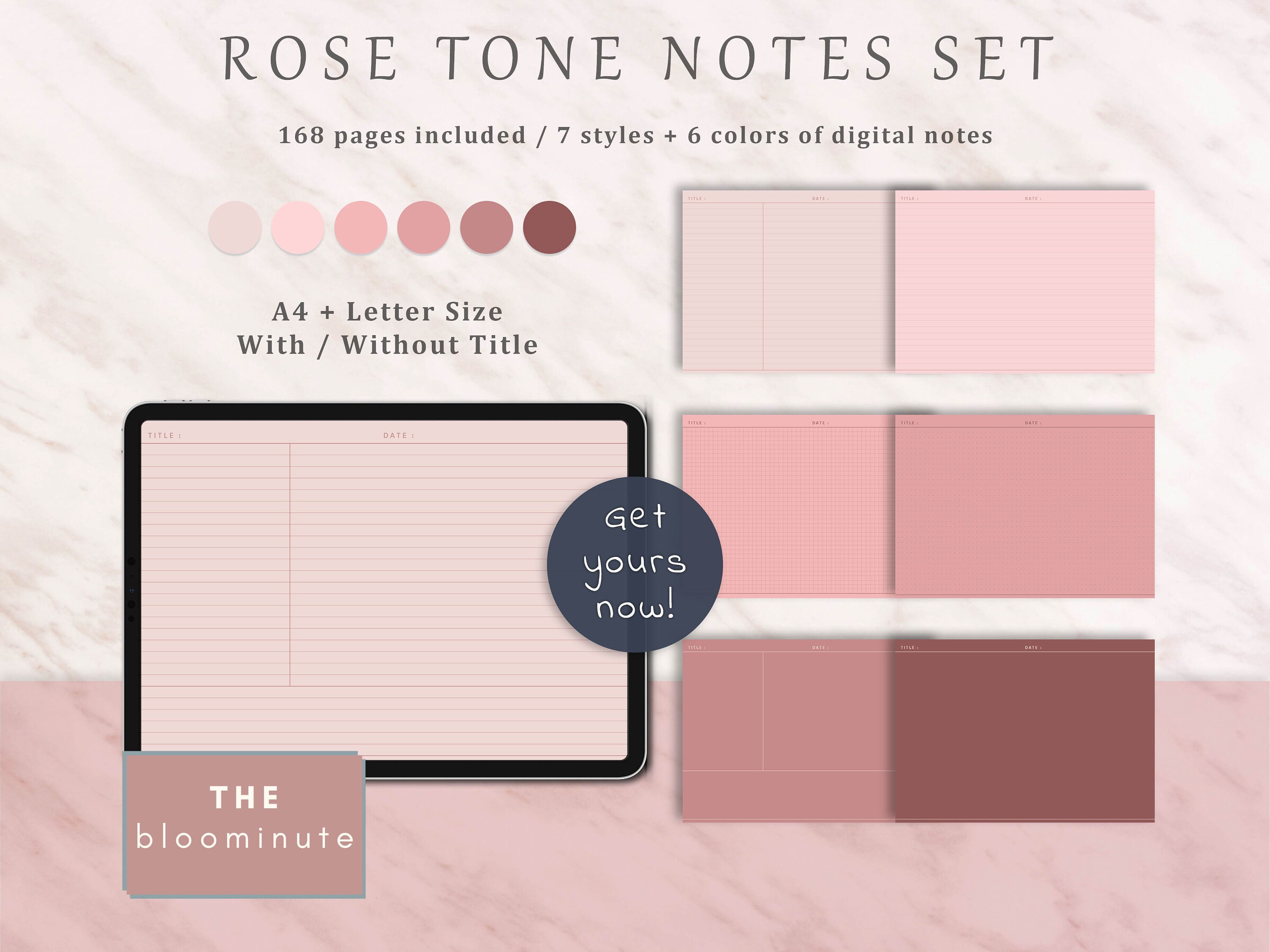 168 Horizontal Rose Color Digital Note Taking Template, Dot, Graph ...